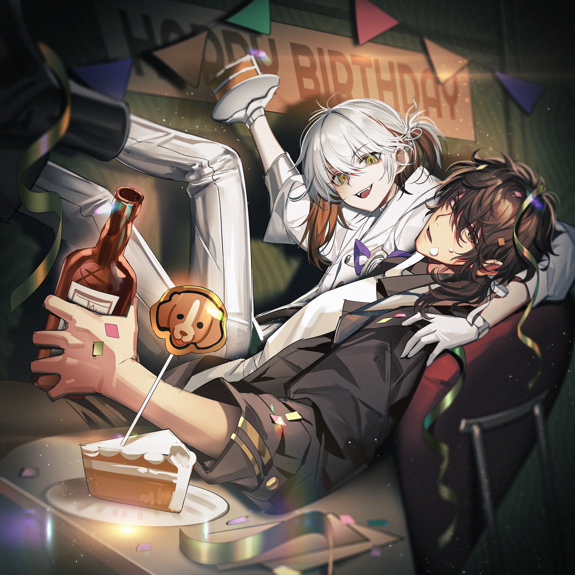 Safebooru - 1boy 1other :d alcohol androgynous arm around neck ...