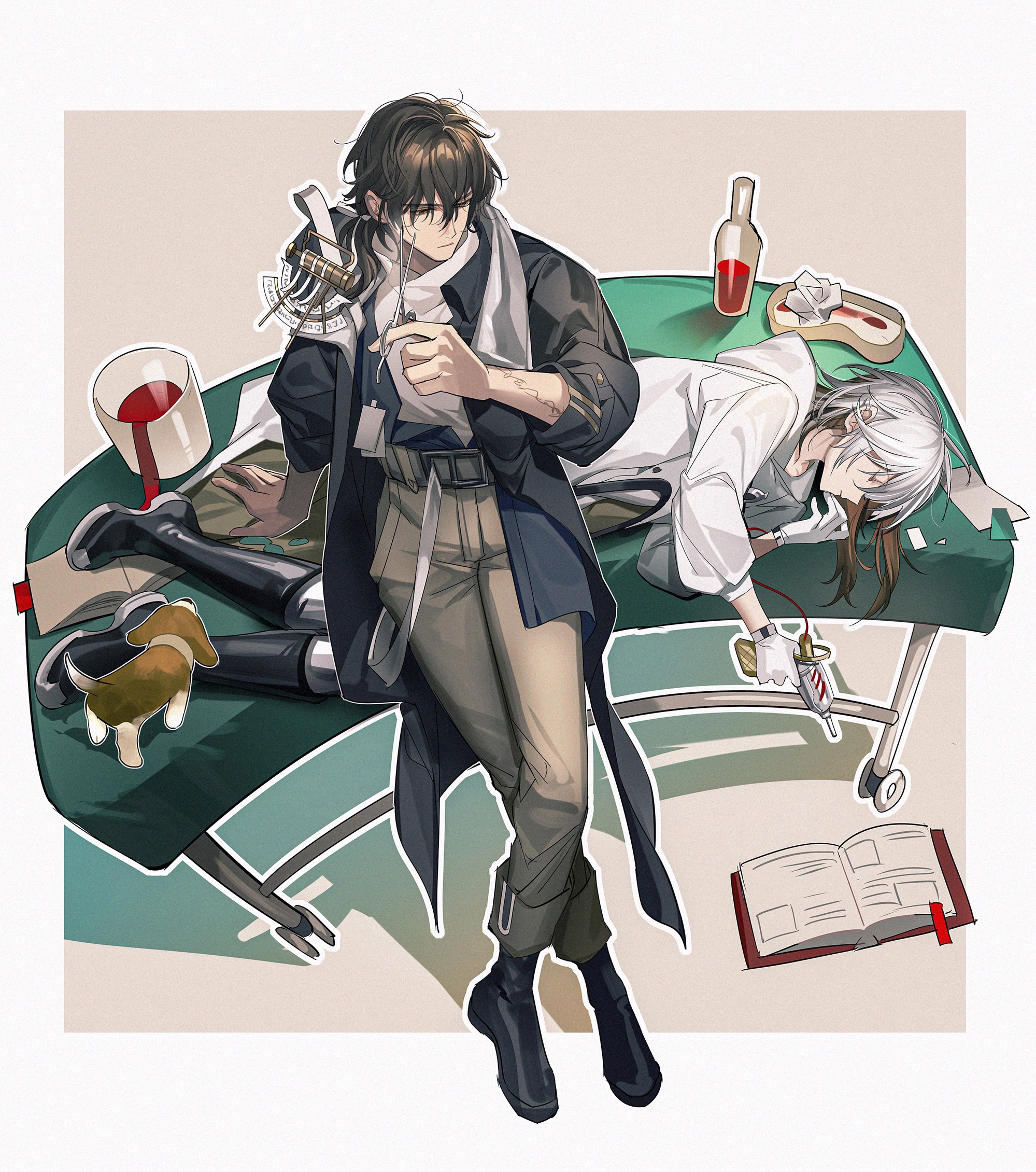 Safebooru - 1boy 1other androgynous arm support arm tattoo asymmetrical sidelocks beagle black ...