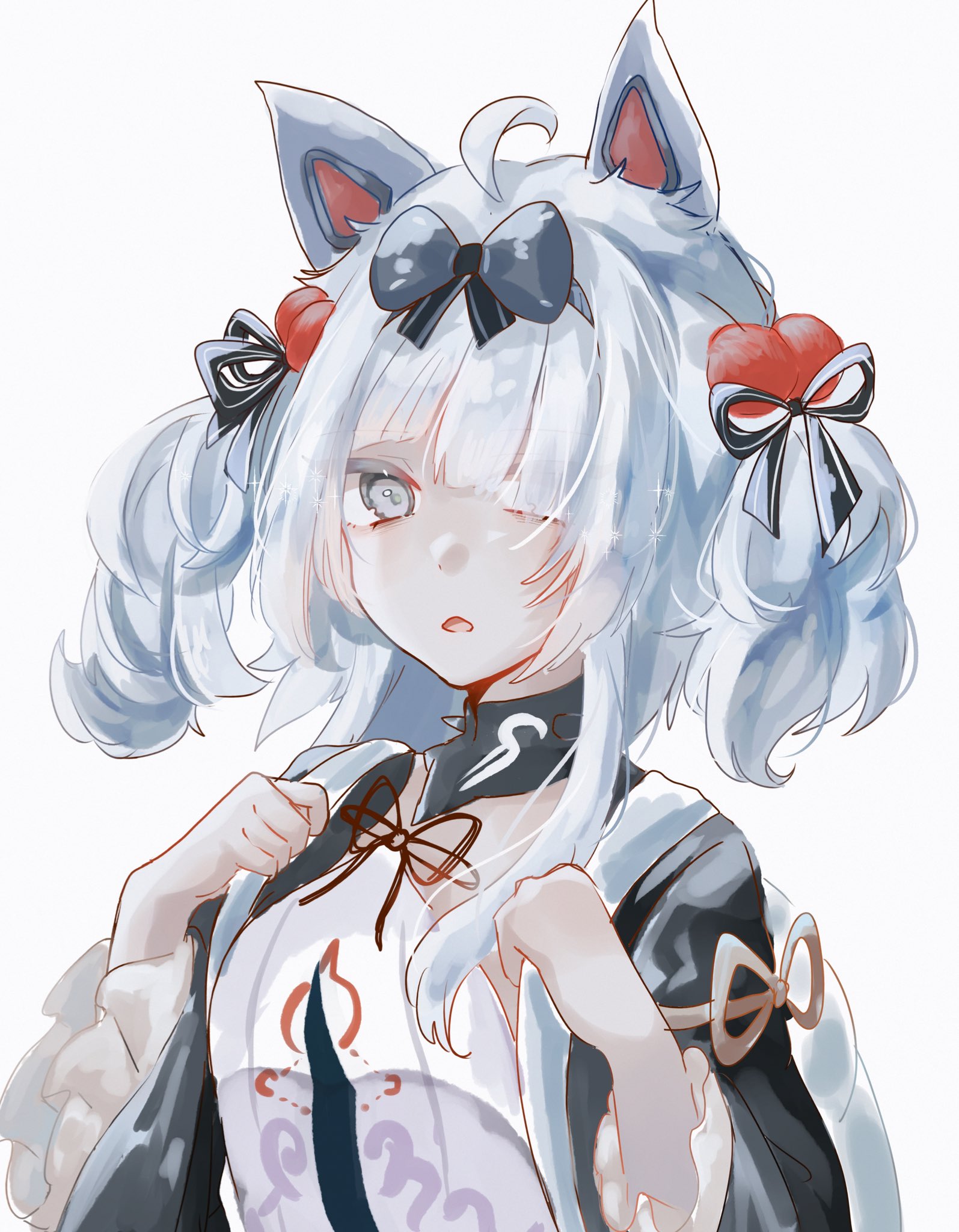 Safebooru - 1girl animal ears black ribbon black shirt chinese clothes grey eyes hair intakes ...