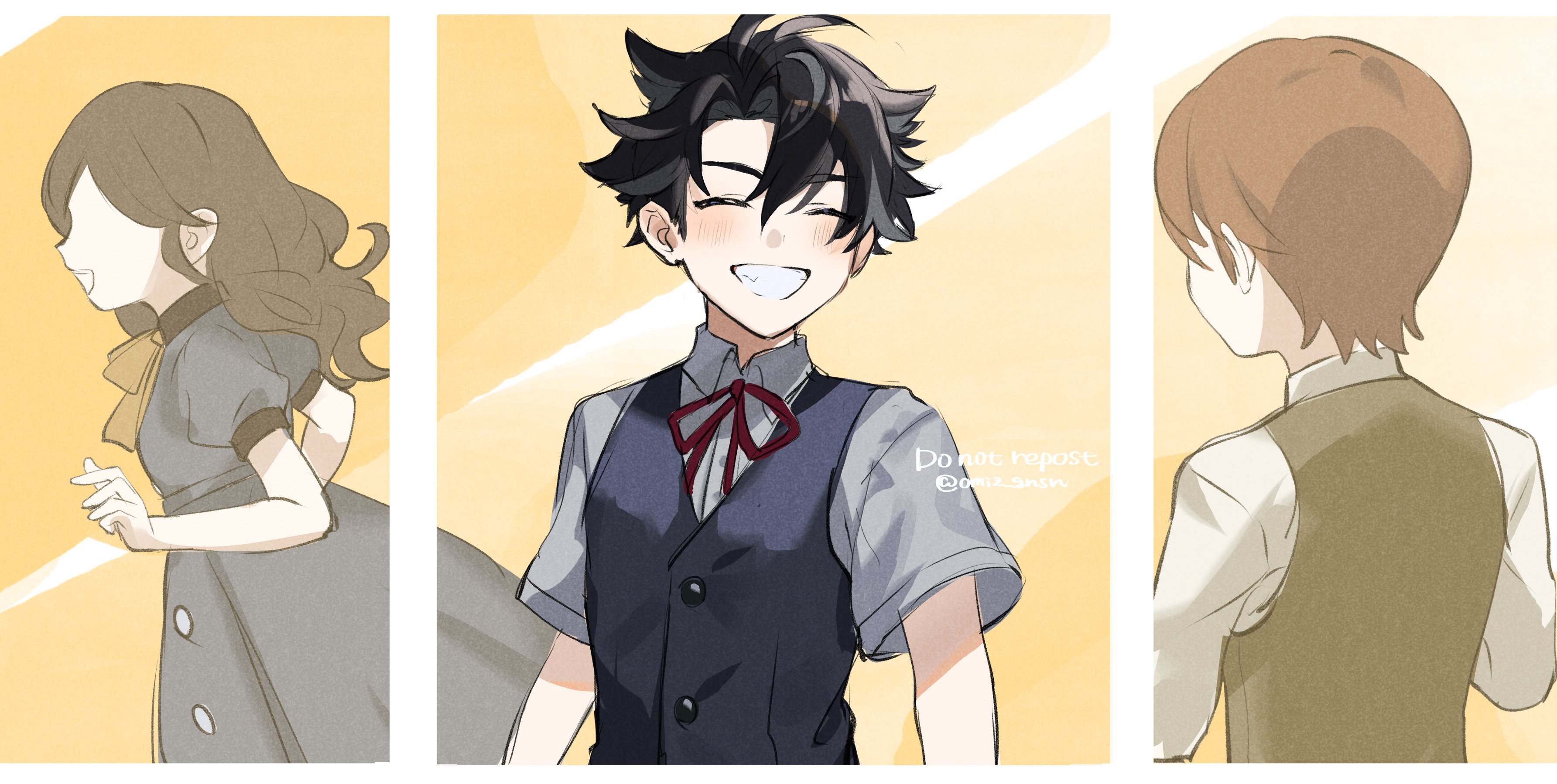 Safebooru - 1girl 2boys ^ ^ absurdres aged down artist name black hair blue dress blue vest ...