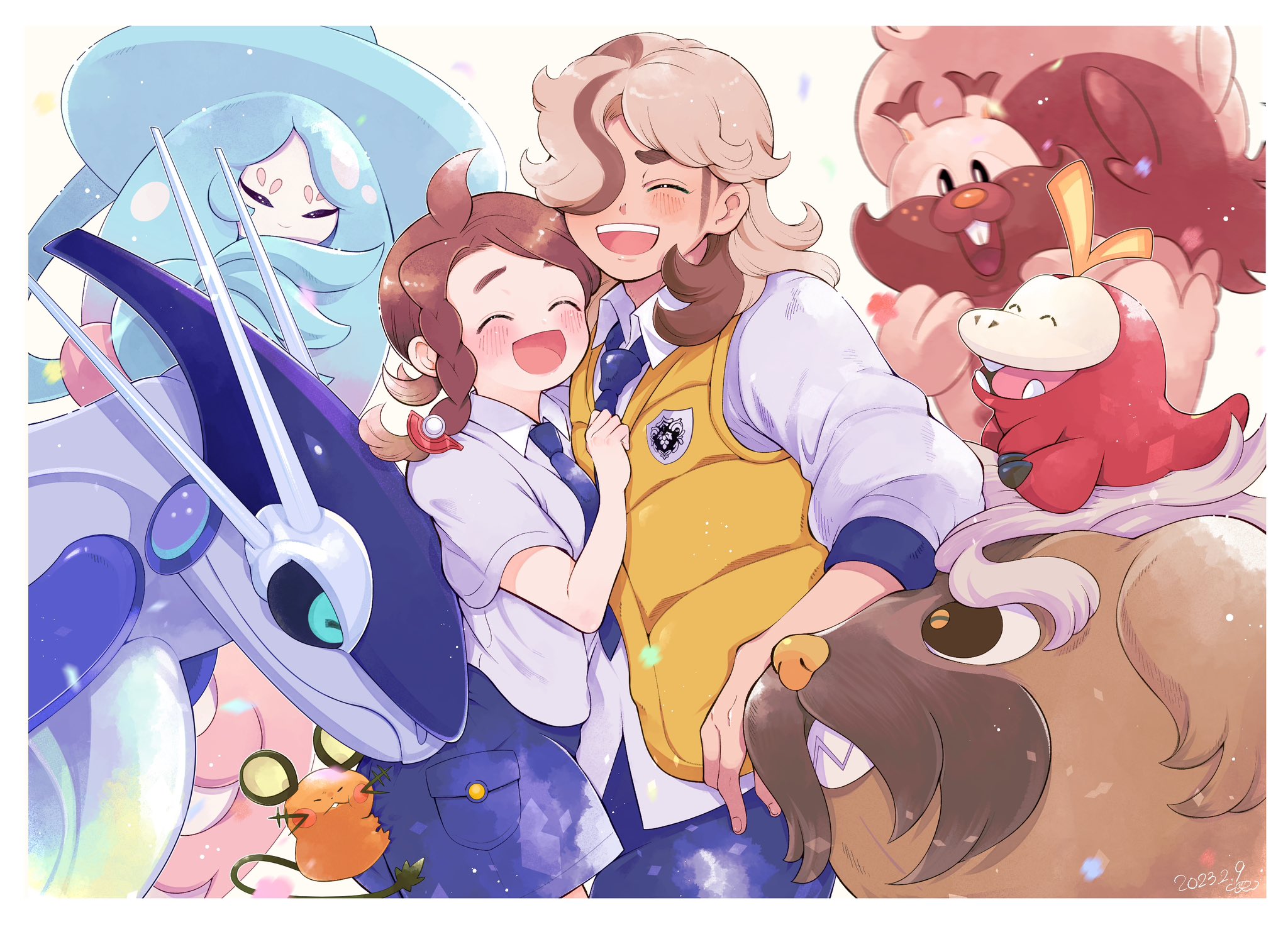 Safebooru - 1boy 1girl arven (pokemon) braid brown hair closed eyes ...
