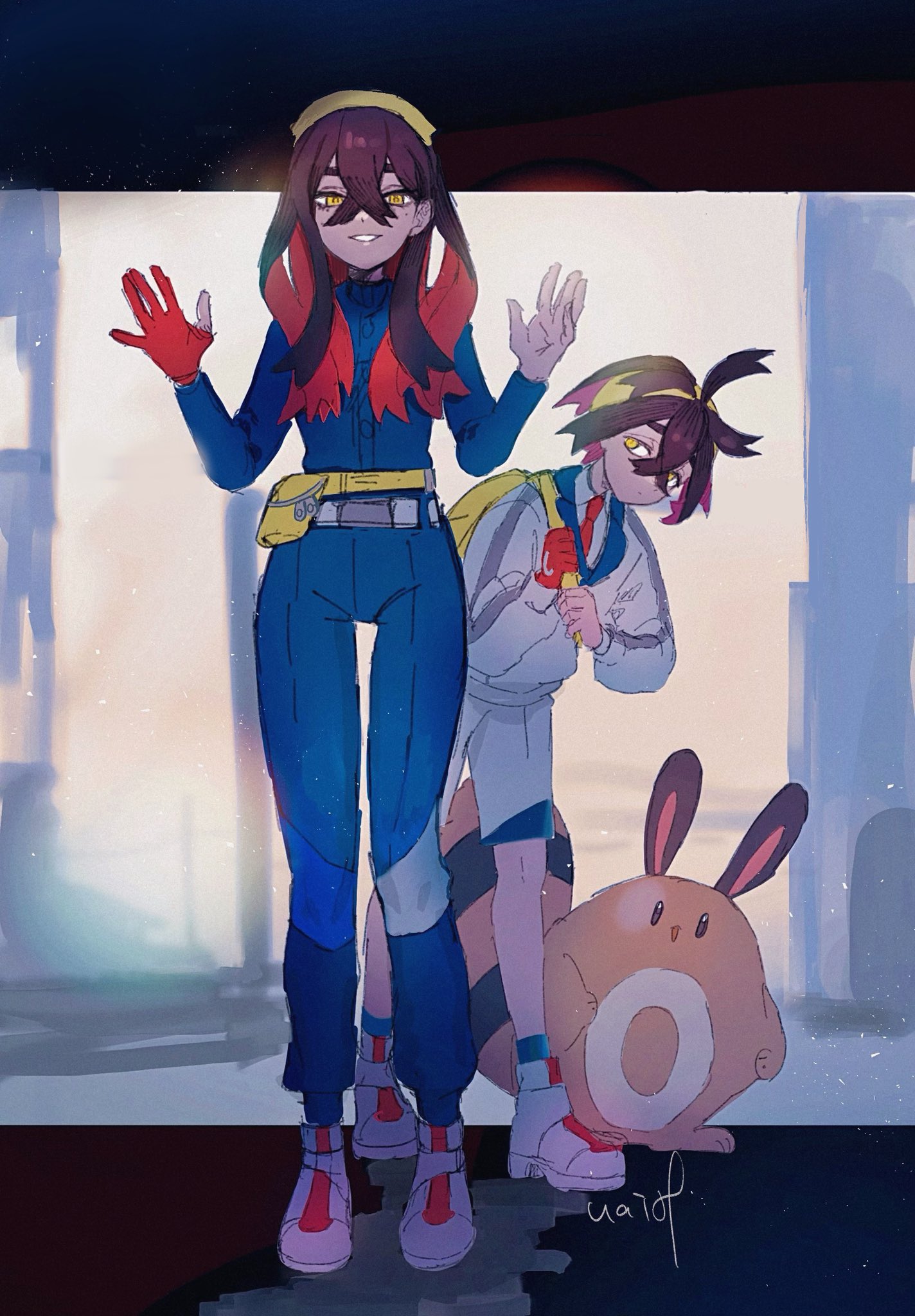 Safebooru - 1boy 1girl blue jacket blue pants brother and sister carmine (pokemon) crossed bangs ...