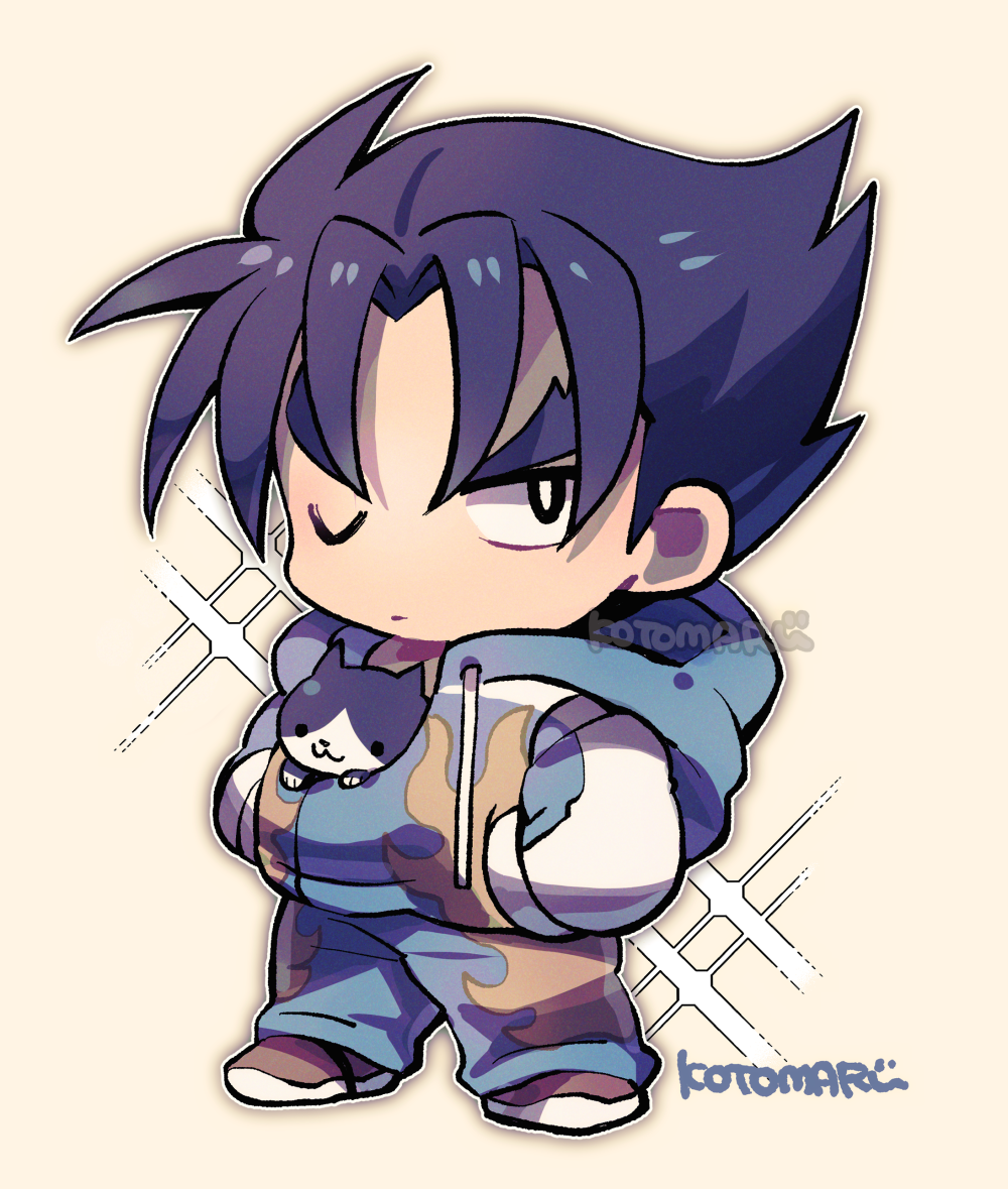 Safebooru - 1boy black eyes black hair blue jacket blue pants bright pupils brown footwear cat ...
