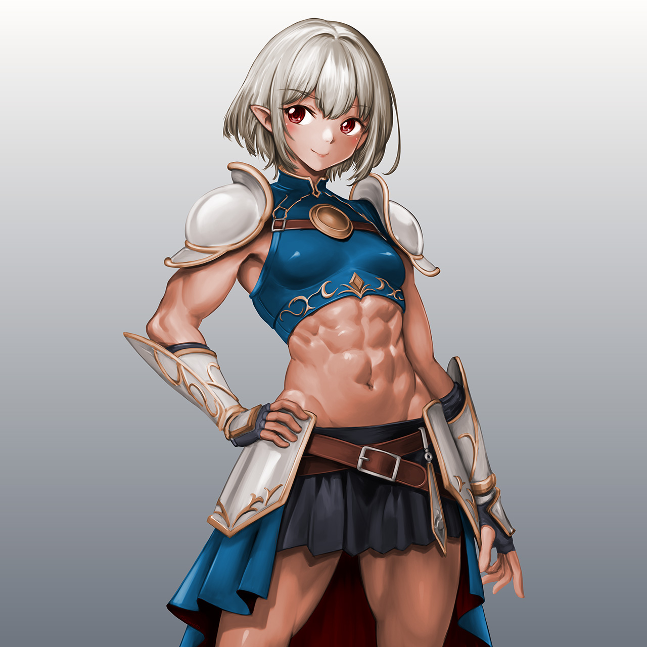 Safebooru - 1girl abs arm guards armor belt black gloves black skirt breasts brown belt closed ...
