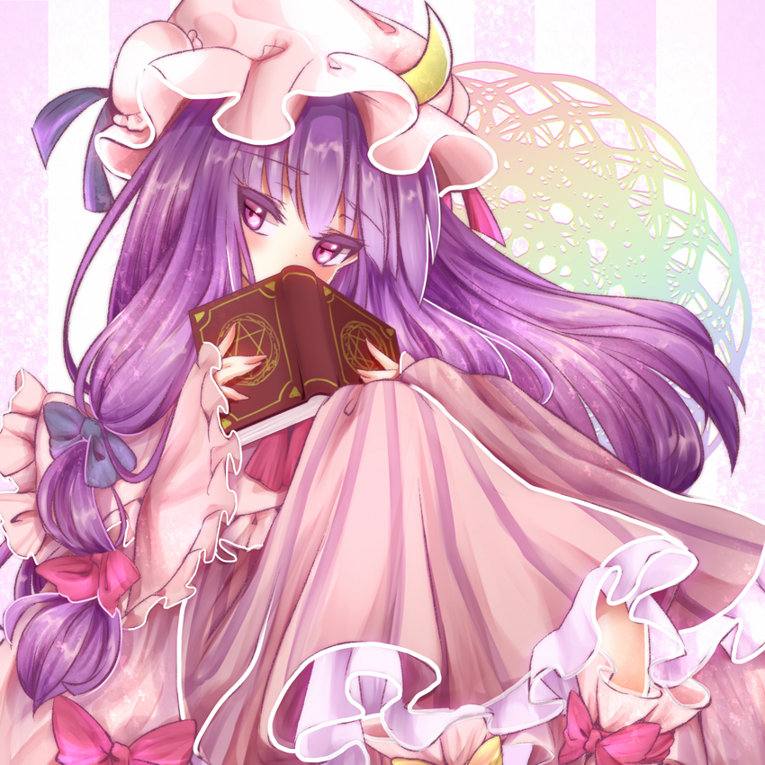 Safebooru - 1girl blue bow blue ribbon blush book bow capelet covering mouth crescent crescent ...