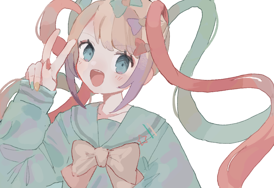 Safebooru - 1girl :d blonde hair blue bow blue eyes blue hair blue nails blue shirt bow ...