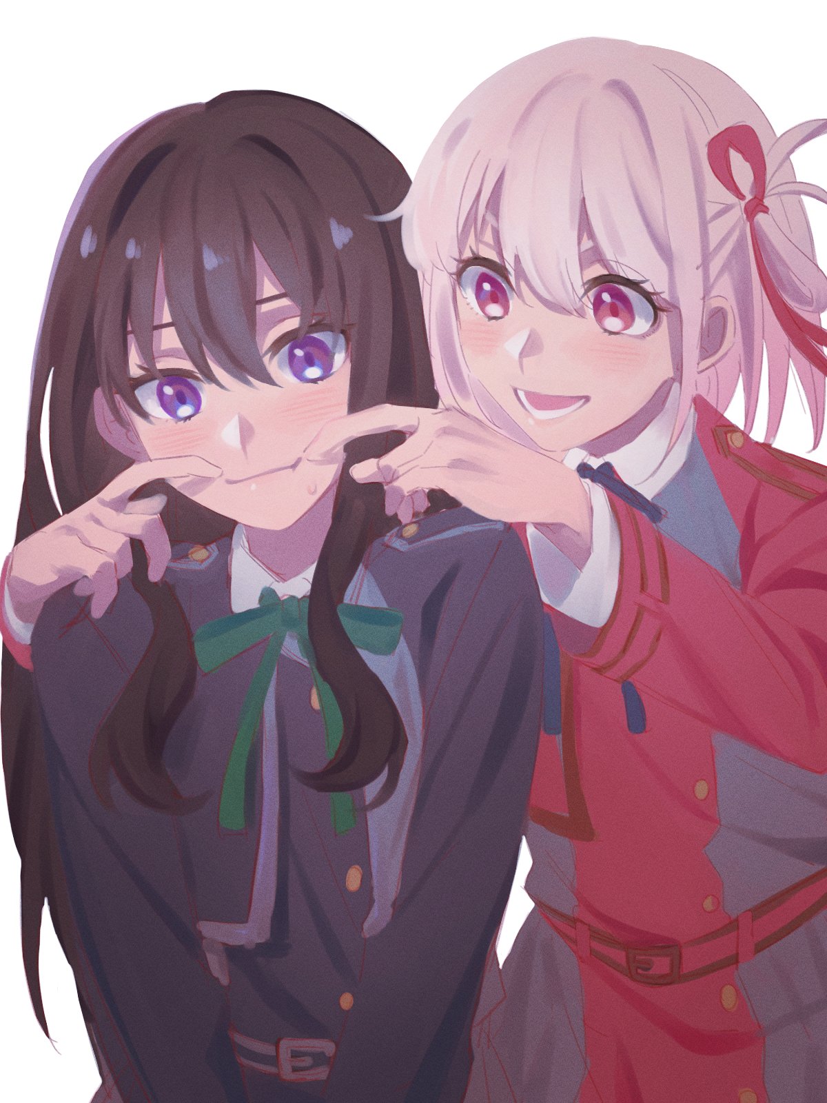 Safebooru - 2girls belt black belt black dress blue ribbon blush brown ...