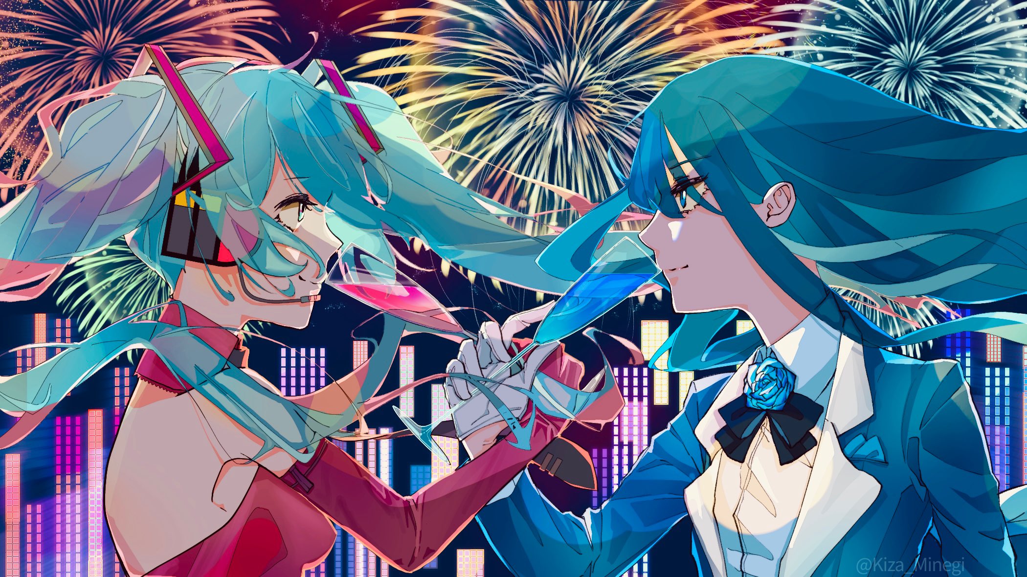 Safebooru - ado (utaite) aerial fireworks aqua eyes aqua hair black bow black bowtie blue eyes ...