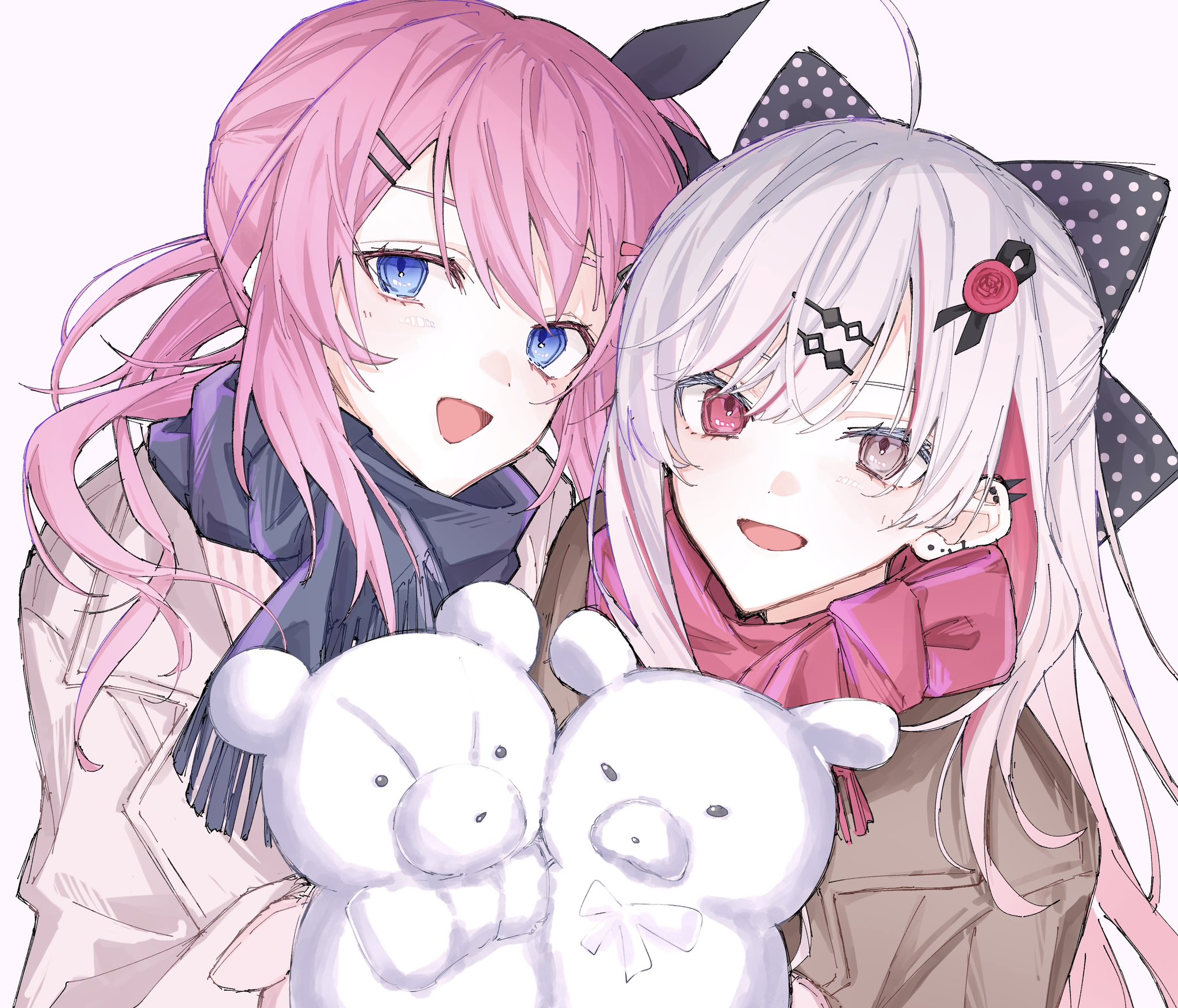 Safebooru - 2girls black bow black ribbon blue eyes blue scarf bow brown jacket colored inner ...