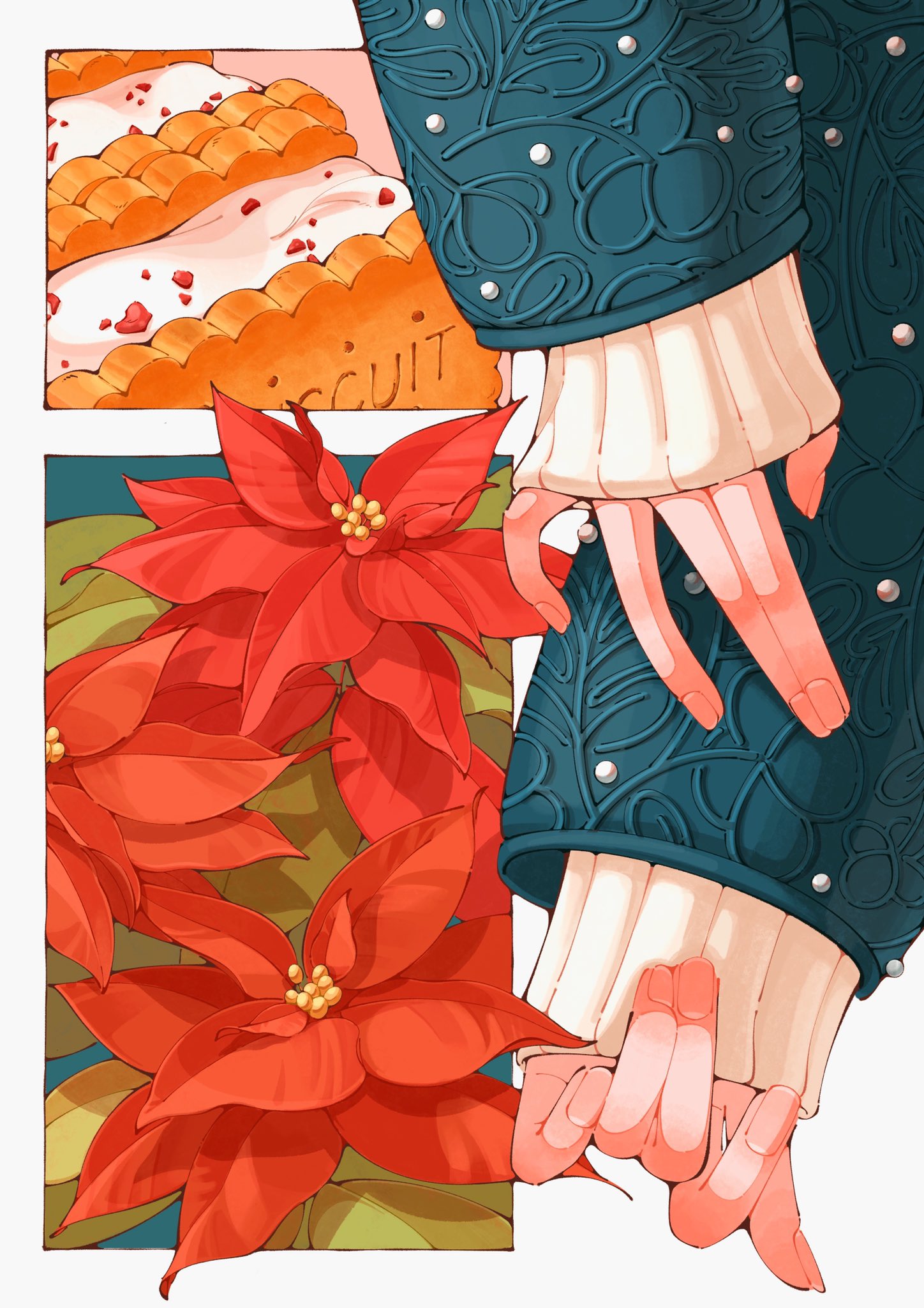 Safebooru - 1girl adjusting clothes beads blue jacket commentary fingerless gloves flower food ...