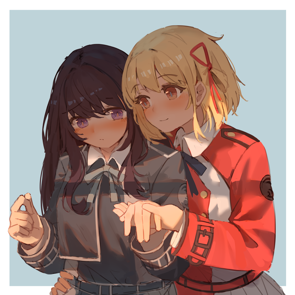 Safebooru - 2girls belt black hair blonde hair blue background blue belt blue dress blush bob ...