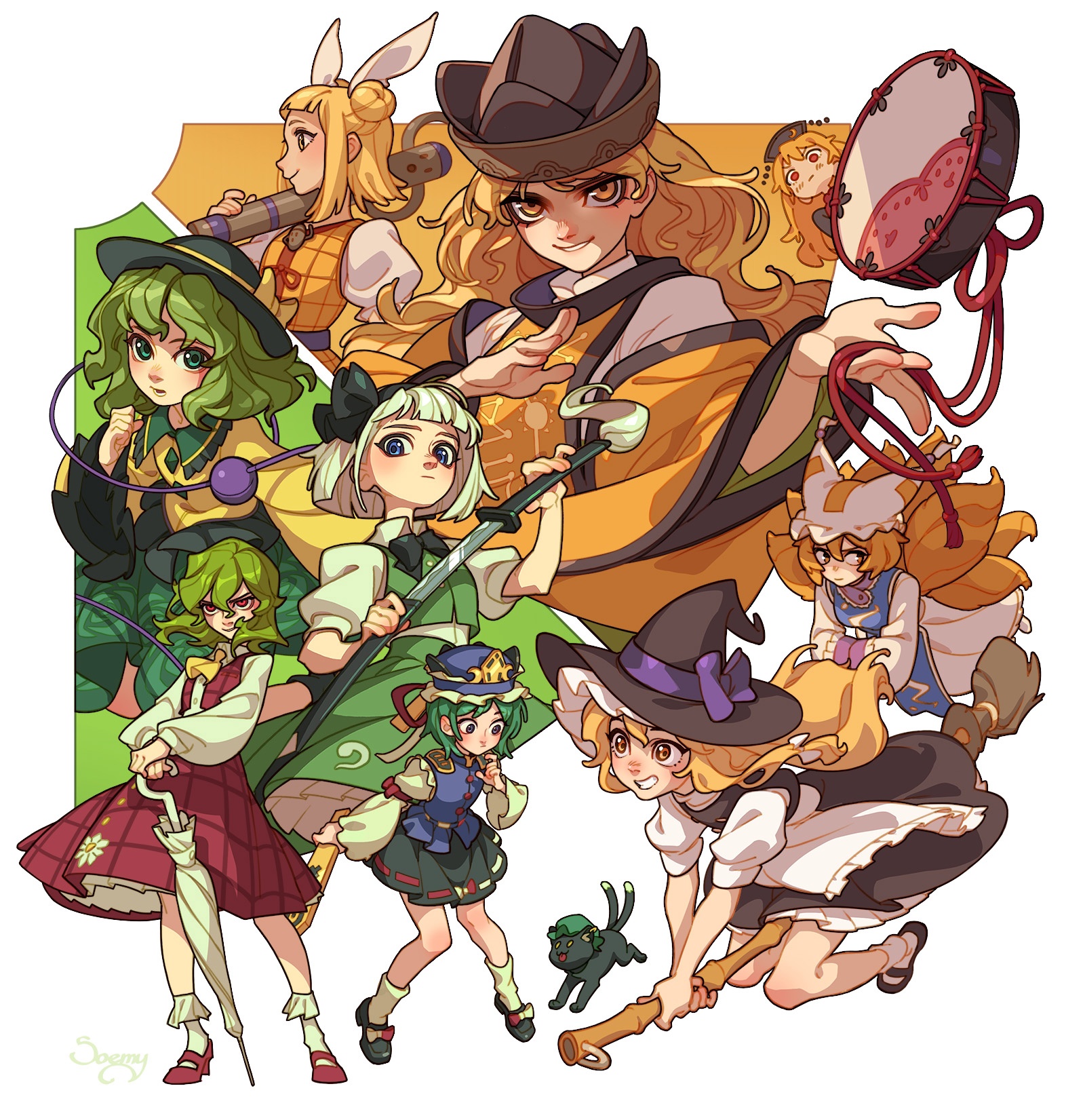 Safebooru - 6+girls animal ear piercing animal ears animal hat apron ascot black bow black ...