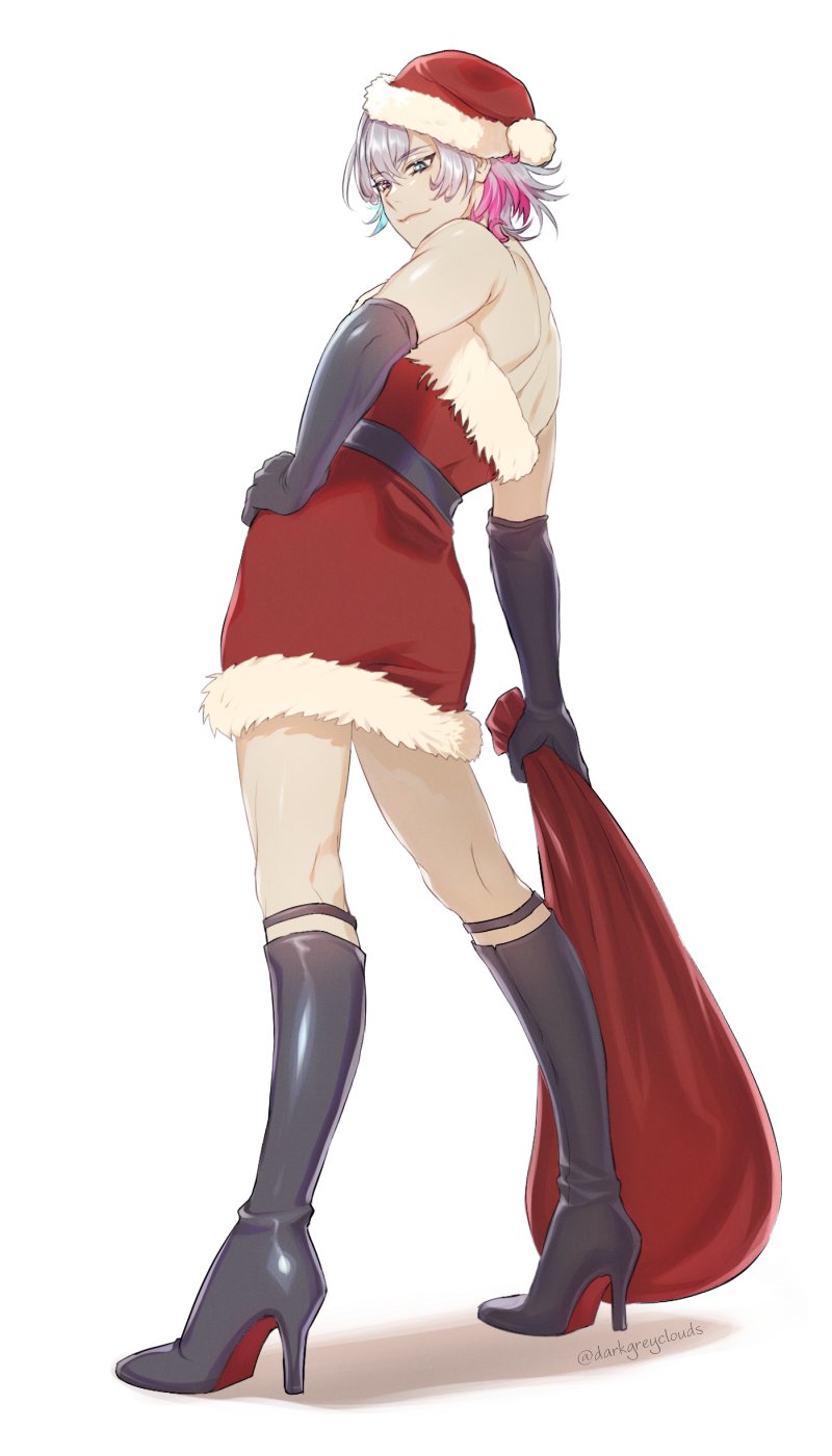 Safebooru - 1boy back bare shoulders black gloves blue hair boots crossdressing darkgreyclouds ...