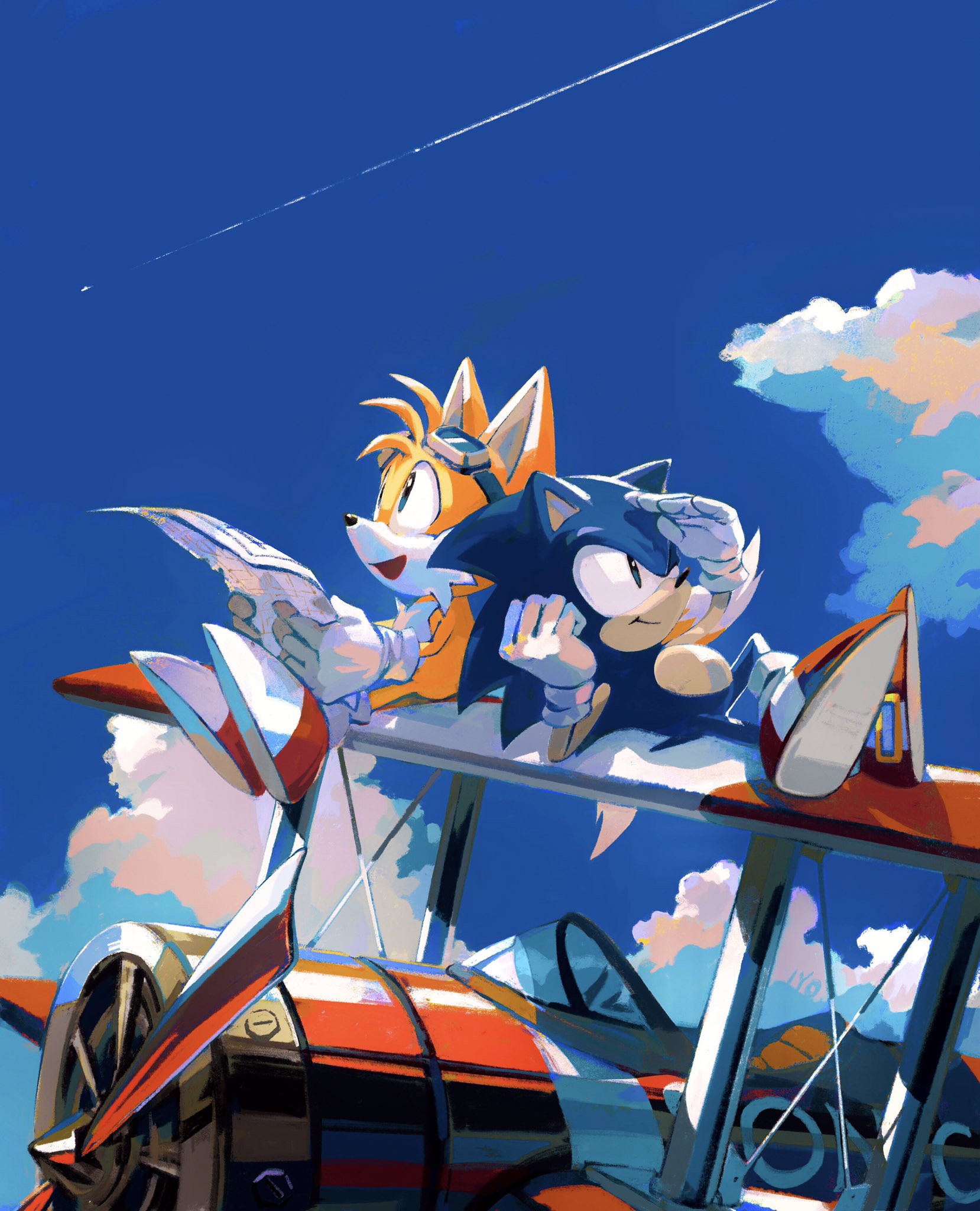 Safebooru - 2boys aircraft airplane animal ears animal nose arm up blue ...