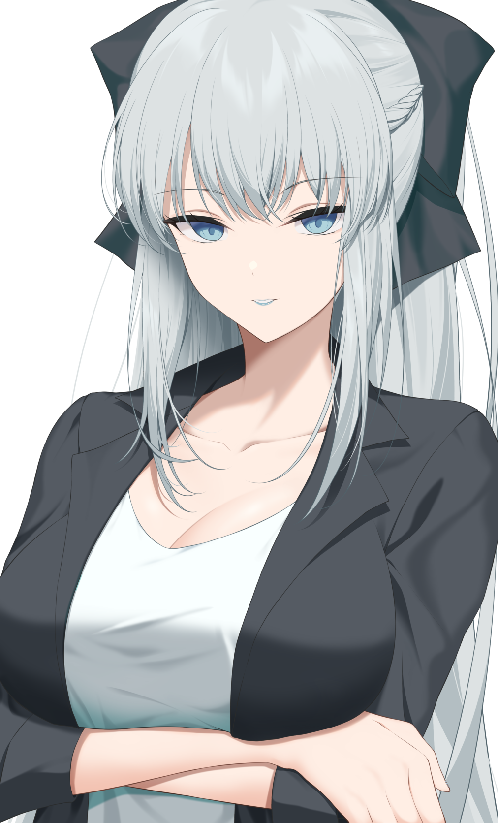 Safebooru - 1girl black bow blue eyes blush bow braid breasts closed mouth collarbone dress ...