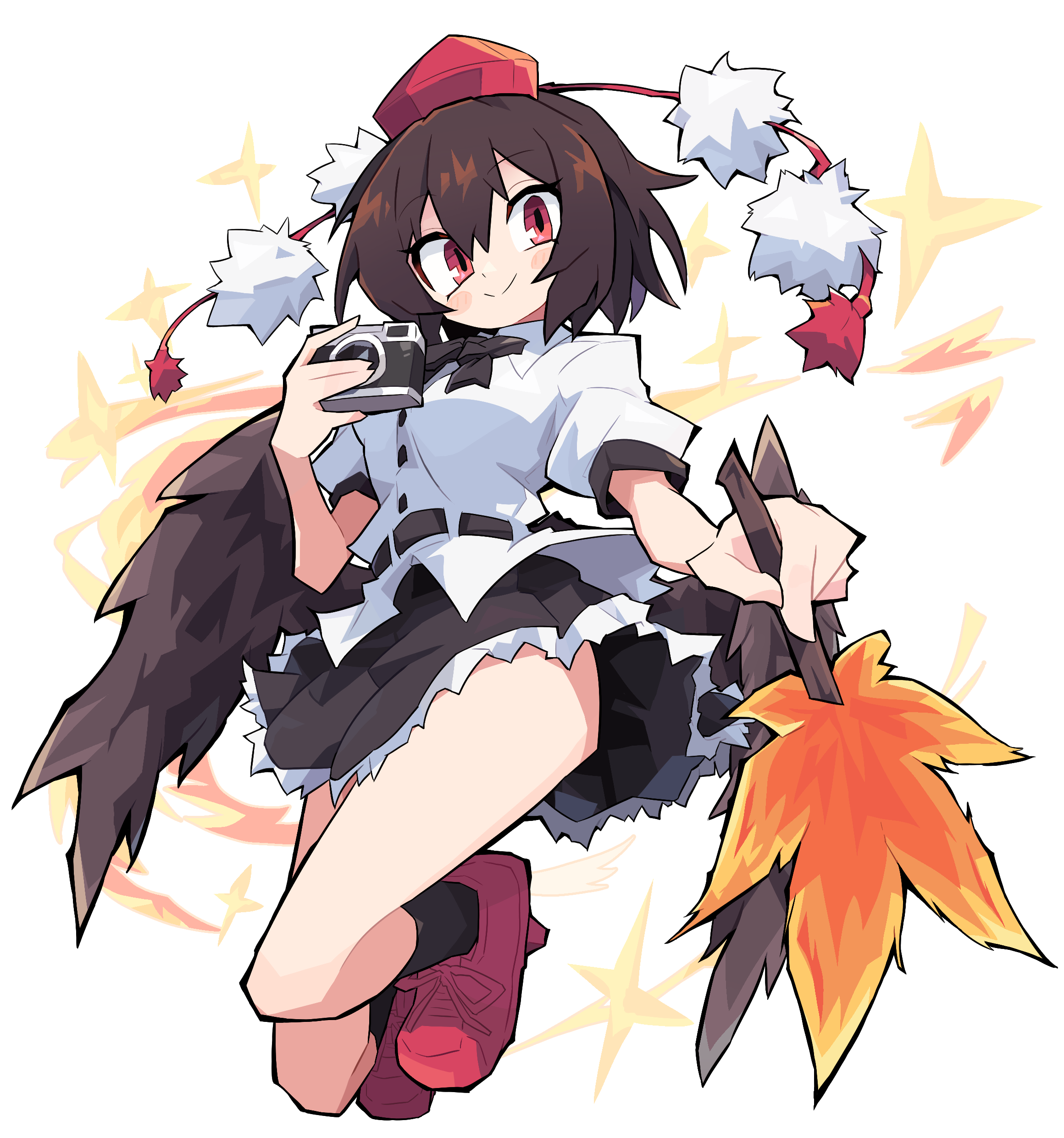 Safebooru - 1girl absurdres bare legs bird wings black hair black ribbon black skirt black wings ...