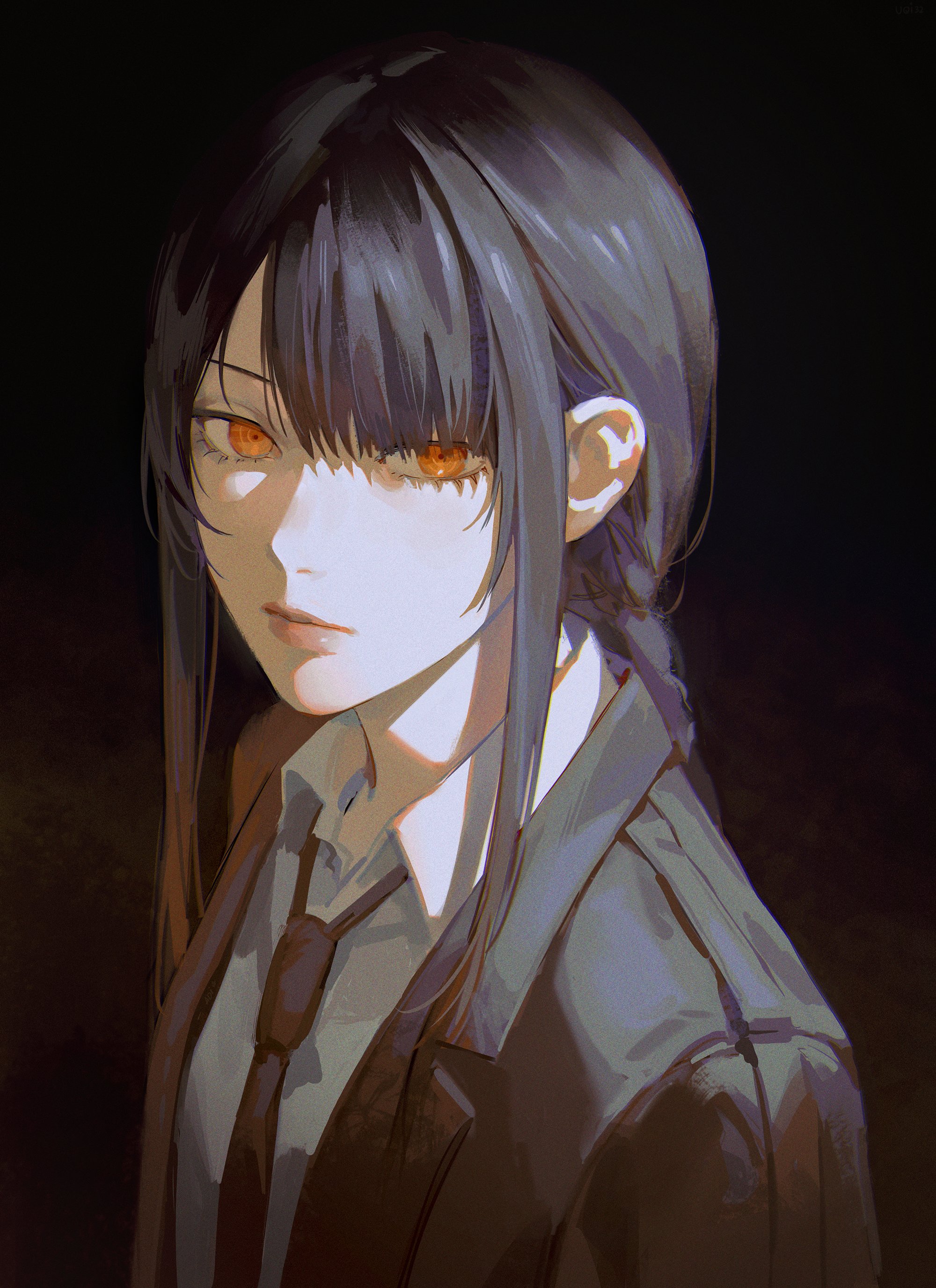 Safebooru - 1girl absurdres black background black coat black hair black necktie blunt bangs ...