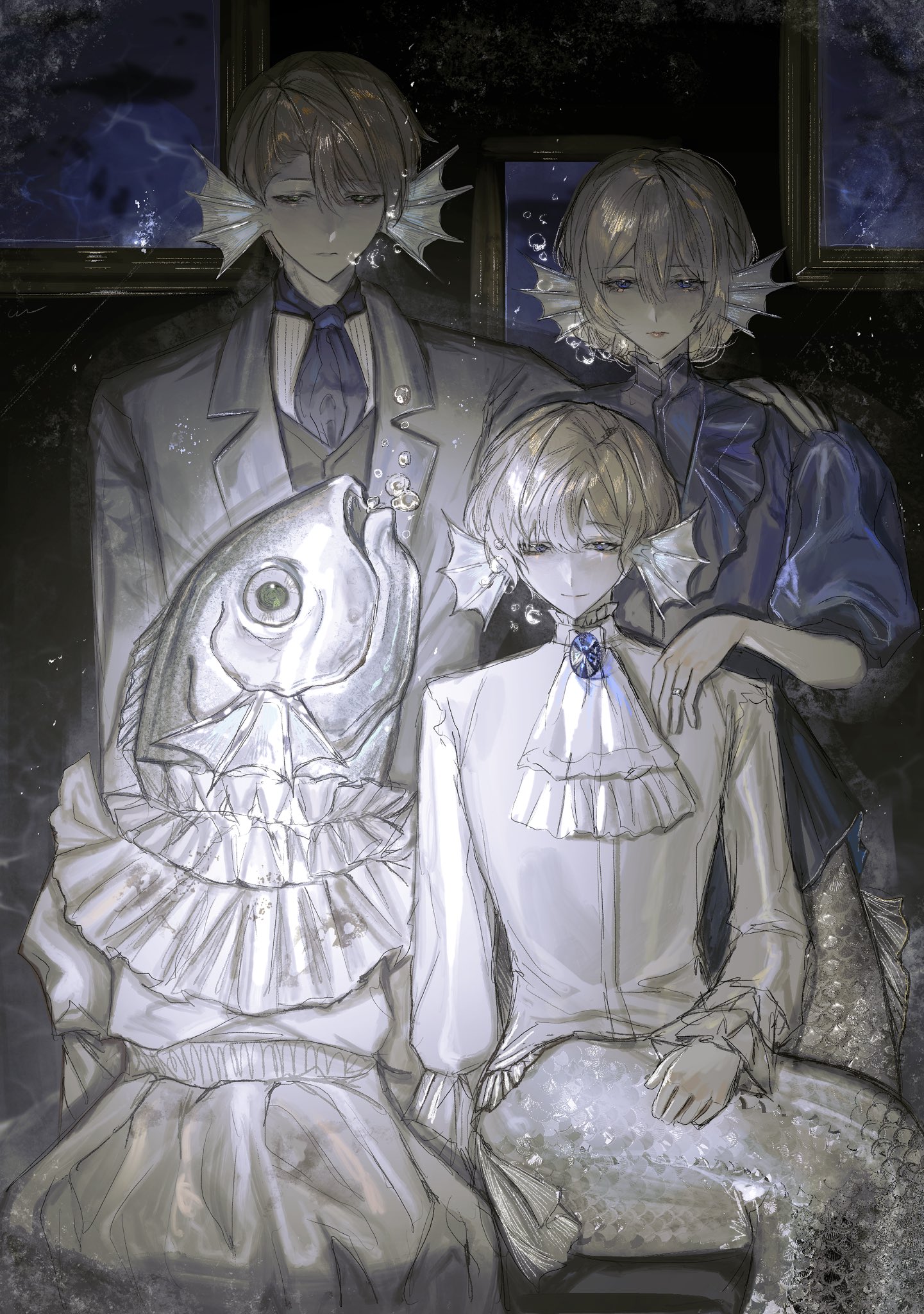 Safebooru - 2boys 2girls air bubble animal head ascot black vest blonde hair blue ascot blue ...