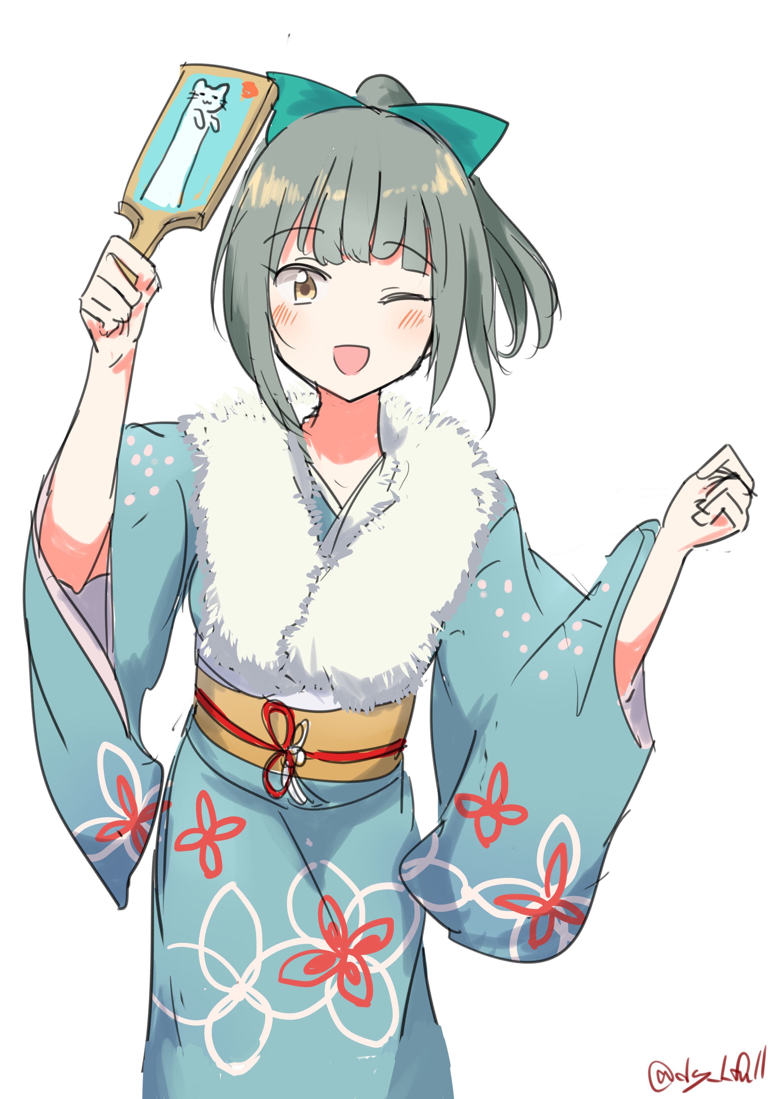 Safebooru - 1girl absurdres alternate costume aqua kimono blunt bangs brown eyes fur-trimmed ...