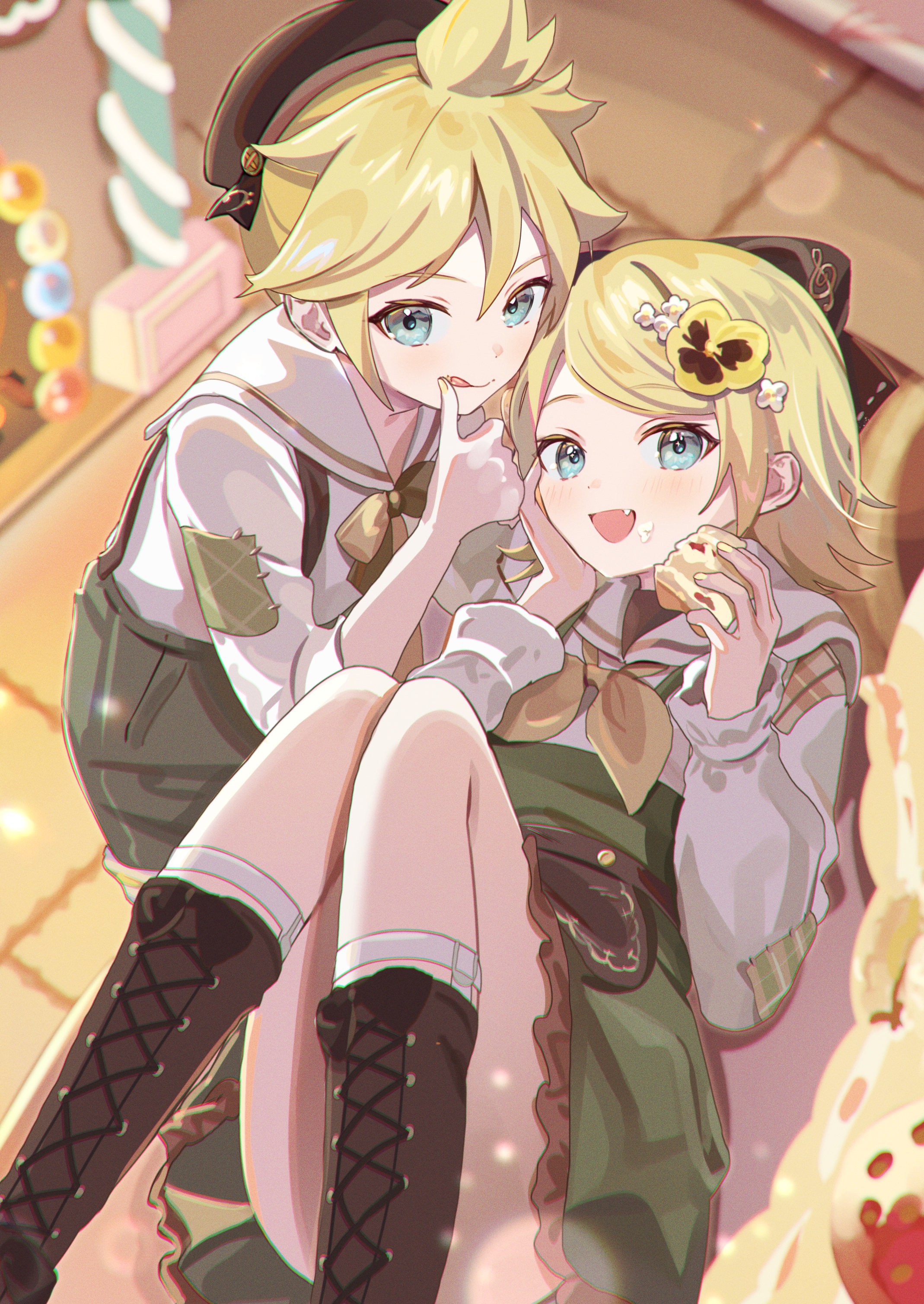 Safebooru - 1boy 1girl :d absurdres blonde hair blue eyes boots bow brother and sister brown bow ...