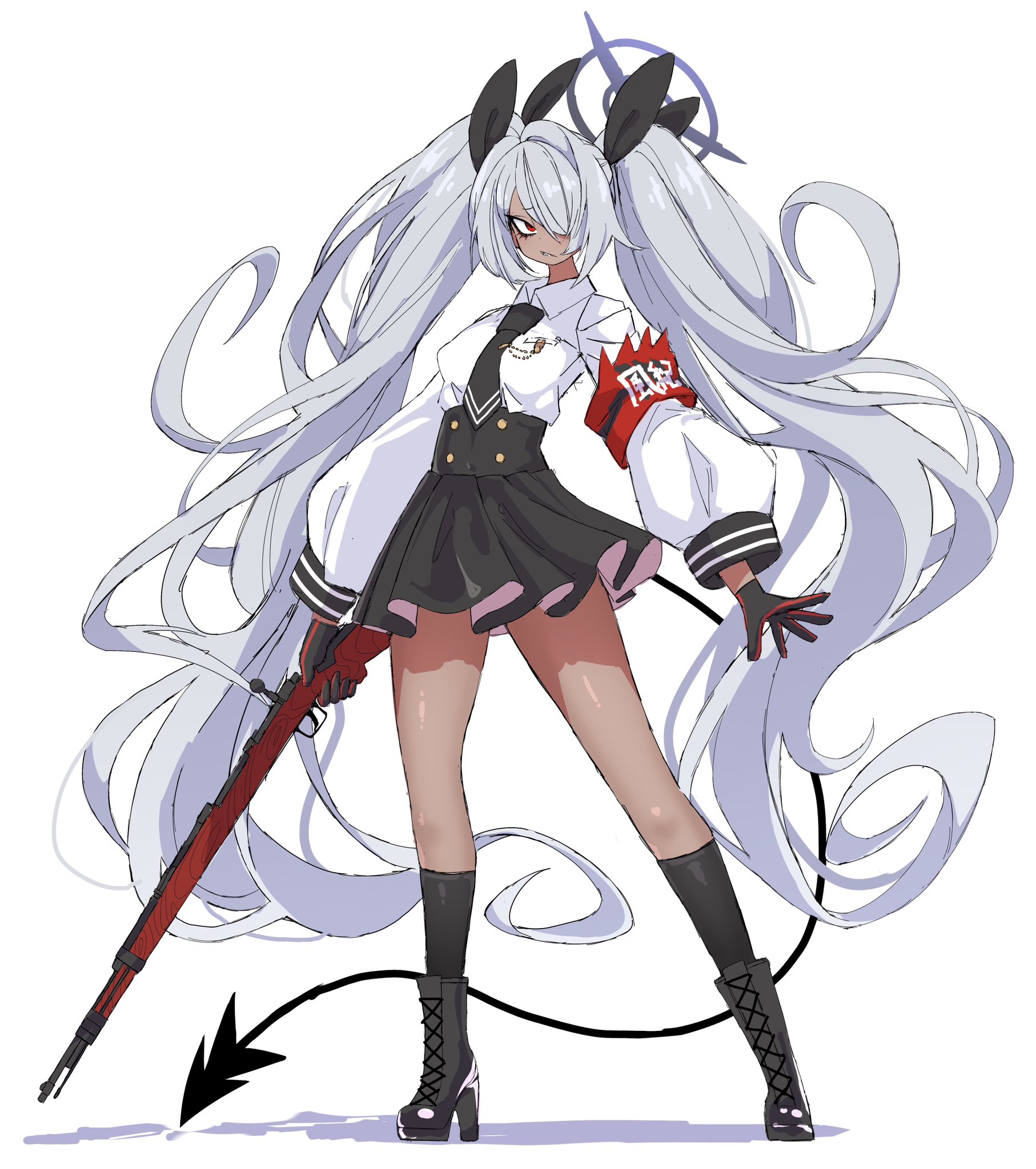 Safebooru - 1girl armband black footwear black gloves black necktie black ribbon black skirt ...