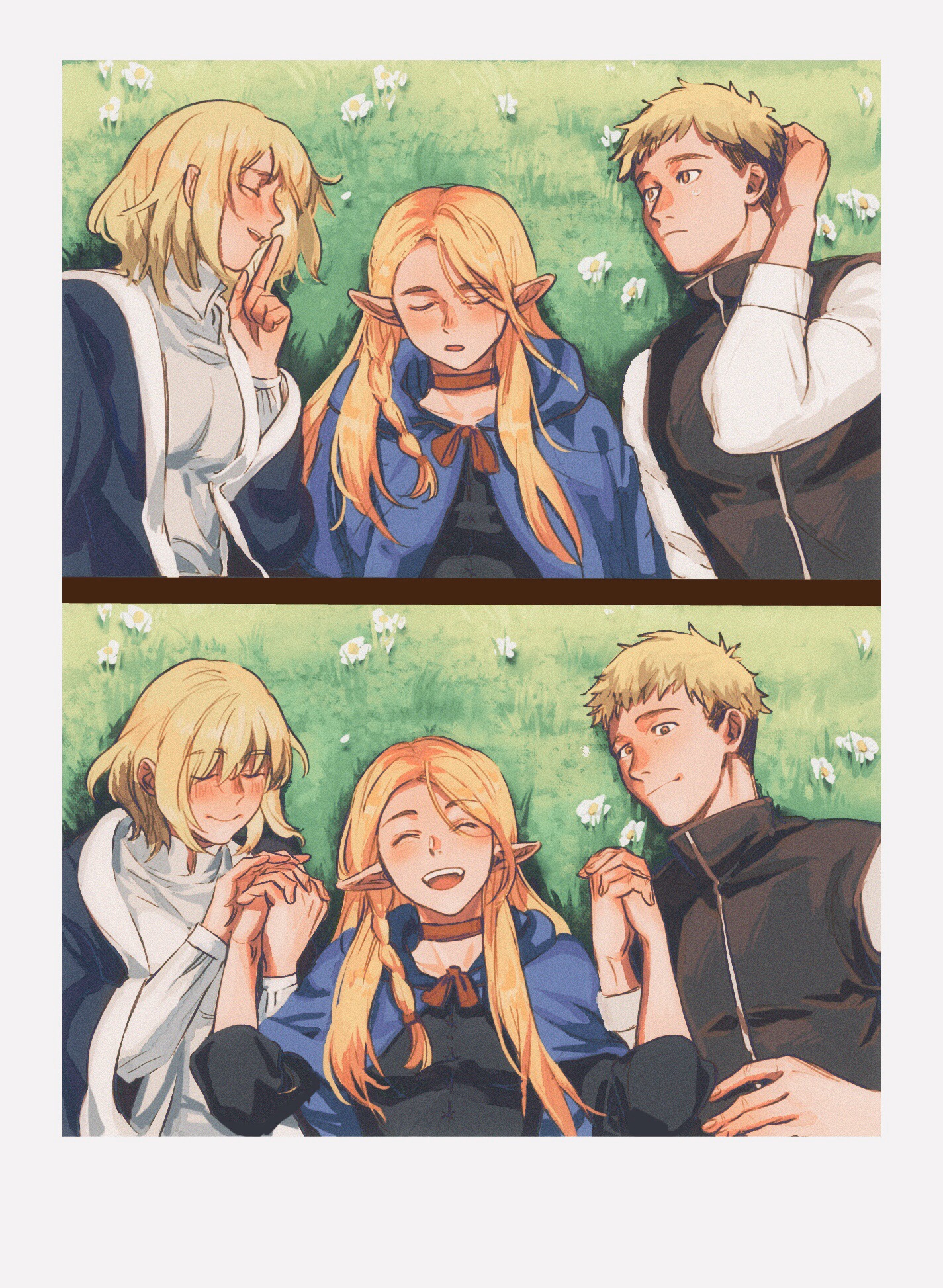 Safebooru - 1boy 2girls ^ ^ black vest blonde hair blue capelet blue jacket braid brother and ...