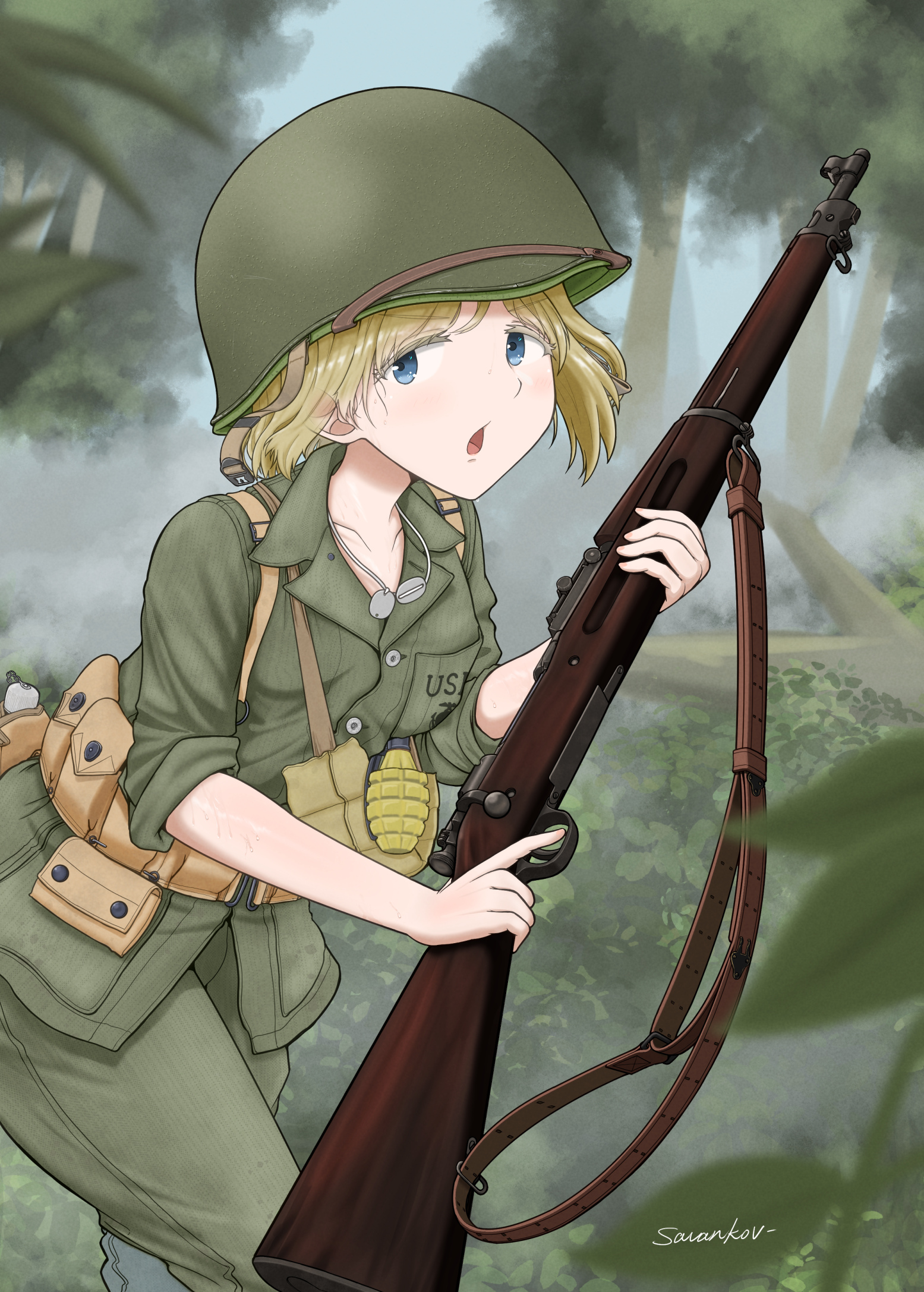 Safebooru - 1girl ammunition pouch artist name bandolier blonde hair blue eyes bolt action ...