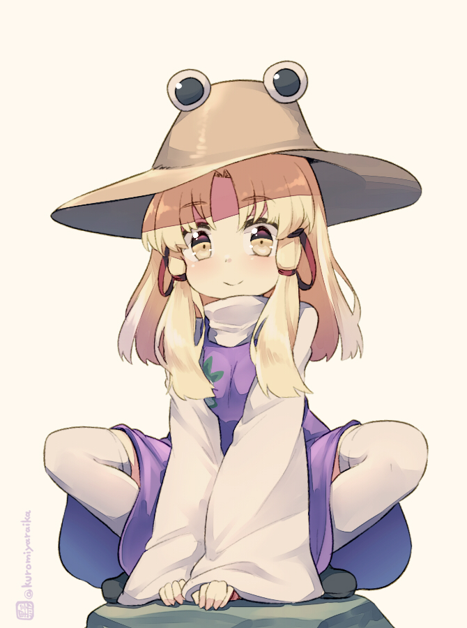 Safebooru - 1girl black footwear blonde hair blush brown background brown eyes brown headwear ...