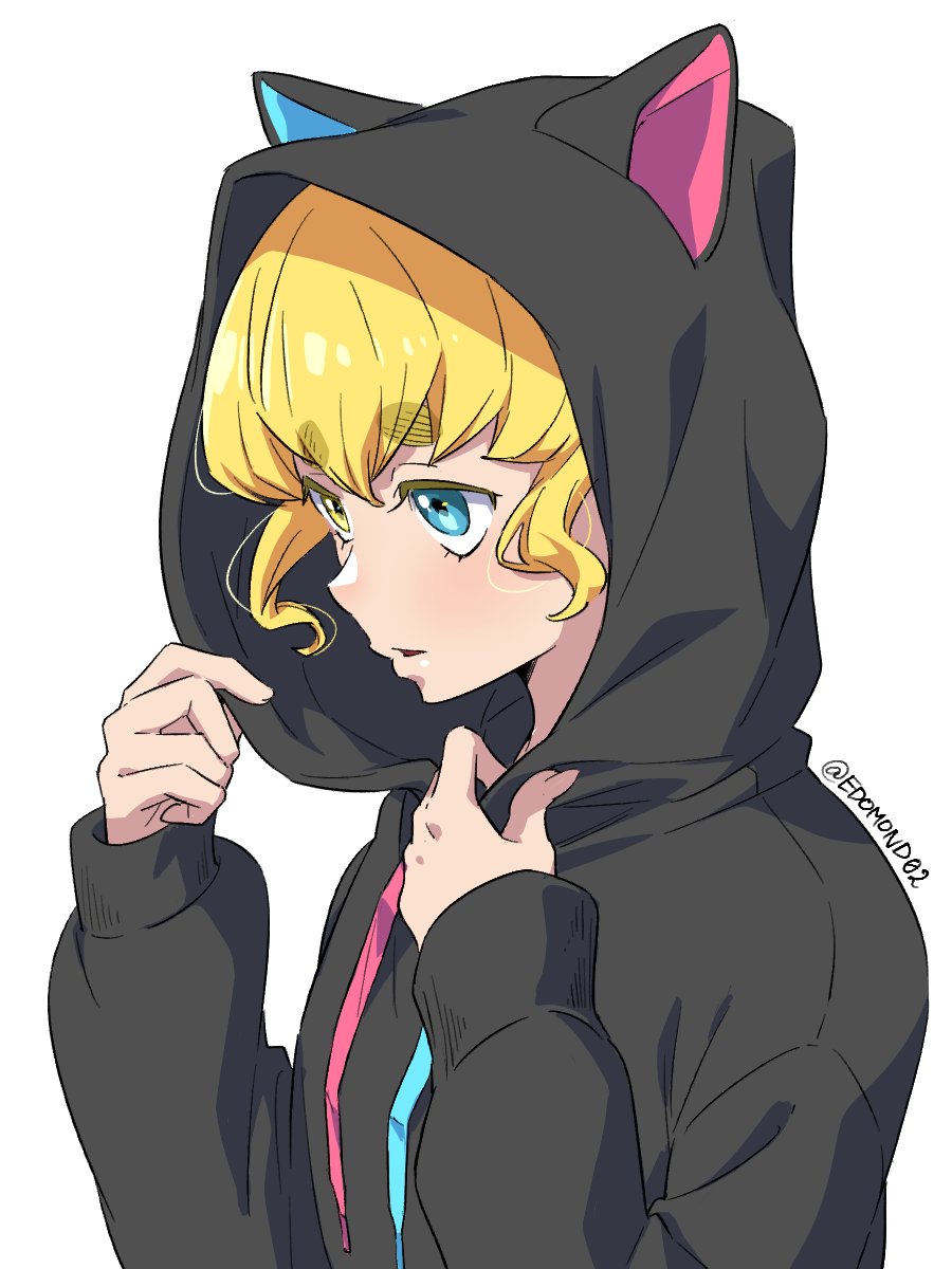 Safebooru - 1girl adjusting clothes animal ears animal hood aqua eyes black hoodie blonde hair ...