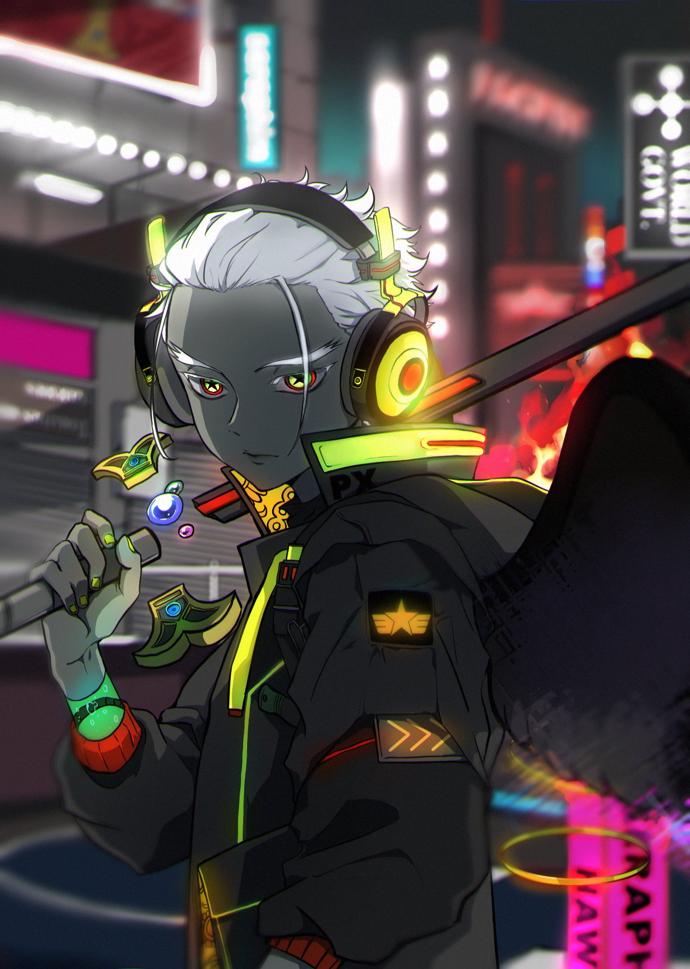 Safebooru - 1boy black wings dark skin hair slicked back headphones ...