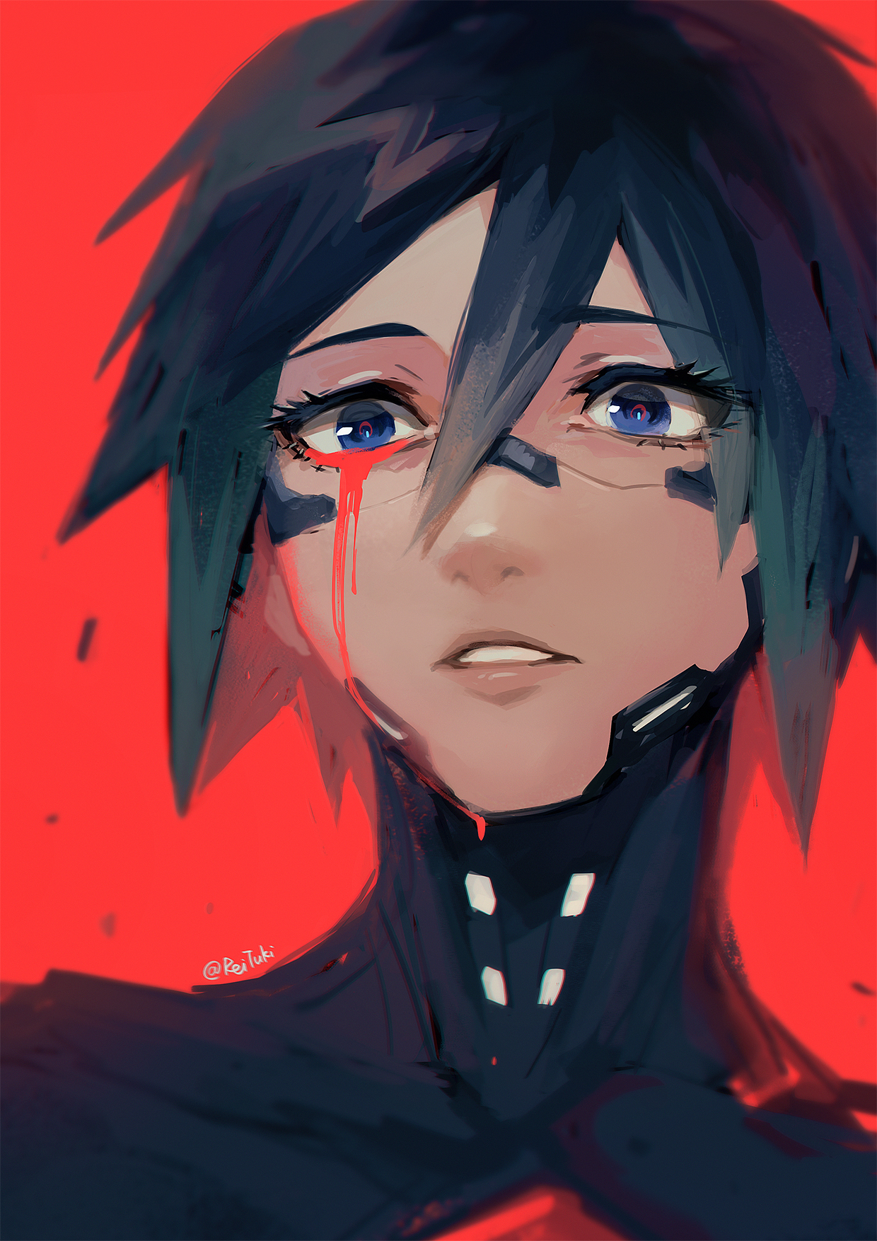 Safebooru - 1girl android blood blood from eyes blue eyes cyberpunk ...