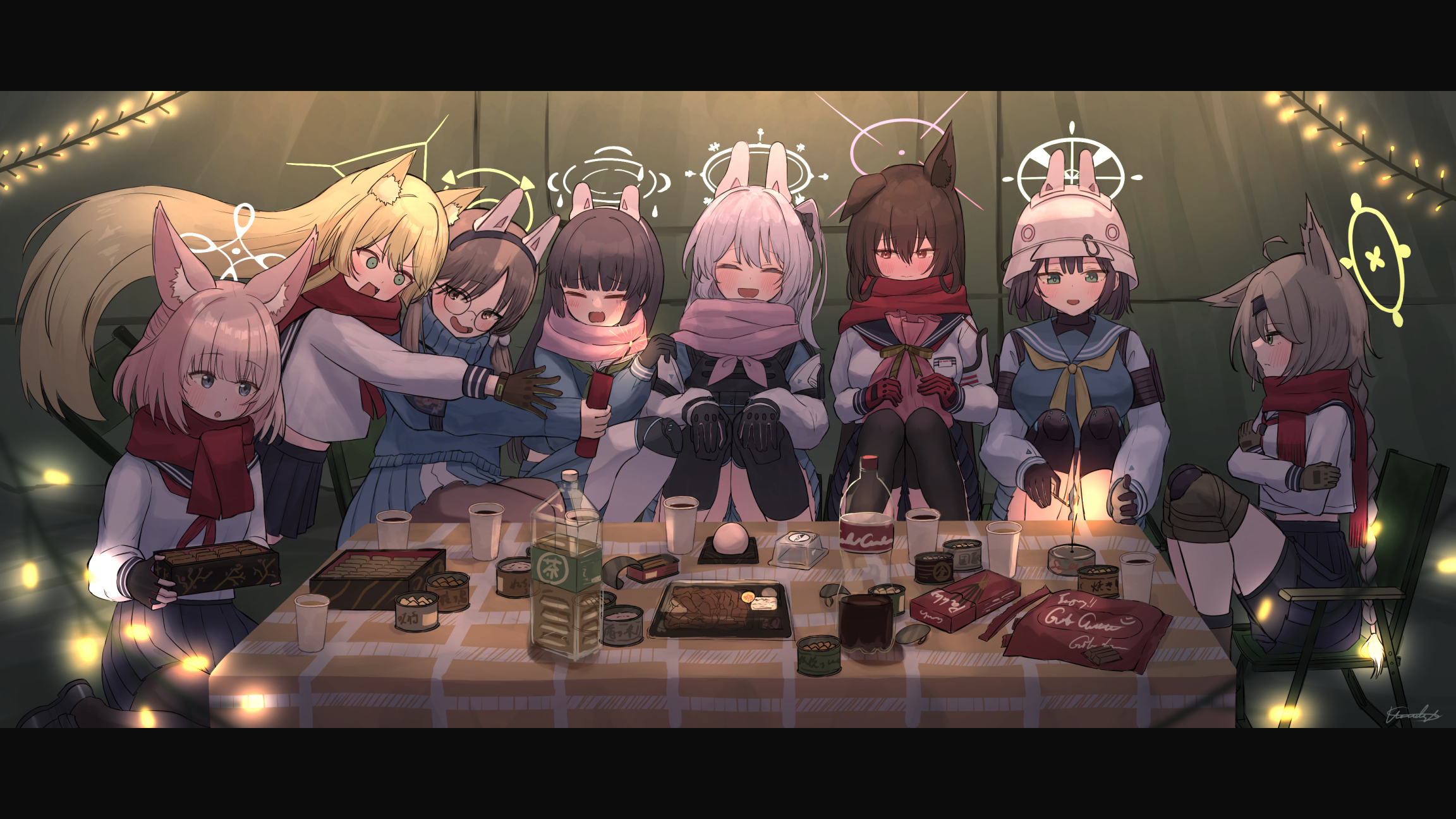 Safebooru - 6+girls ahoge animal ear fluff animal ears black gloves black hair black sailor ...