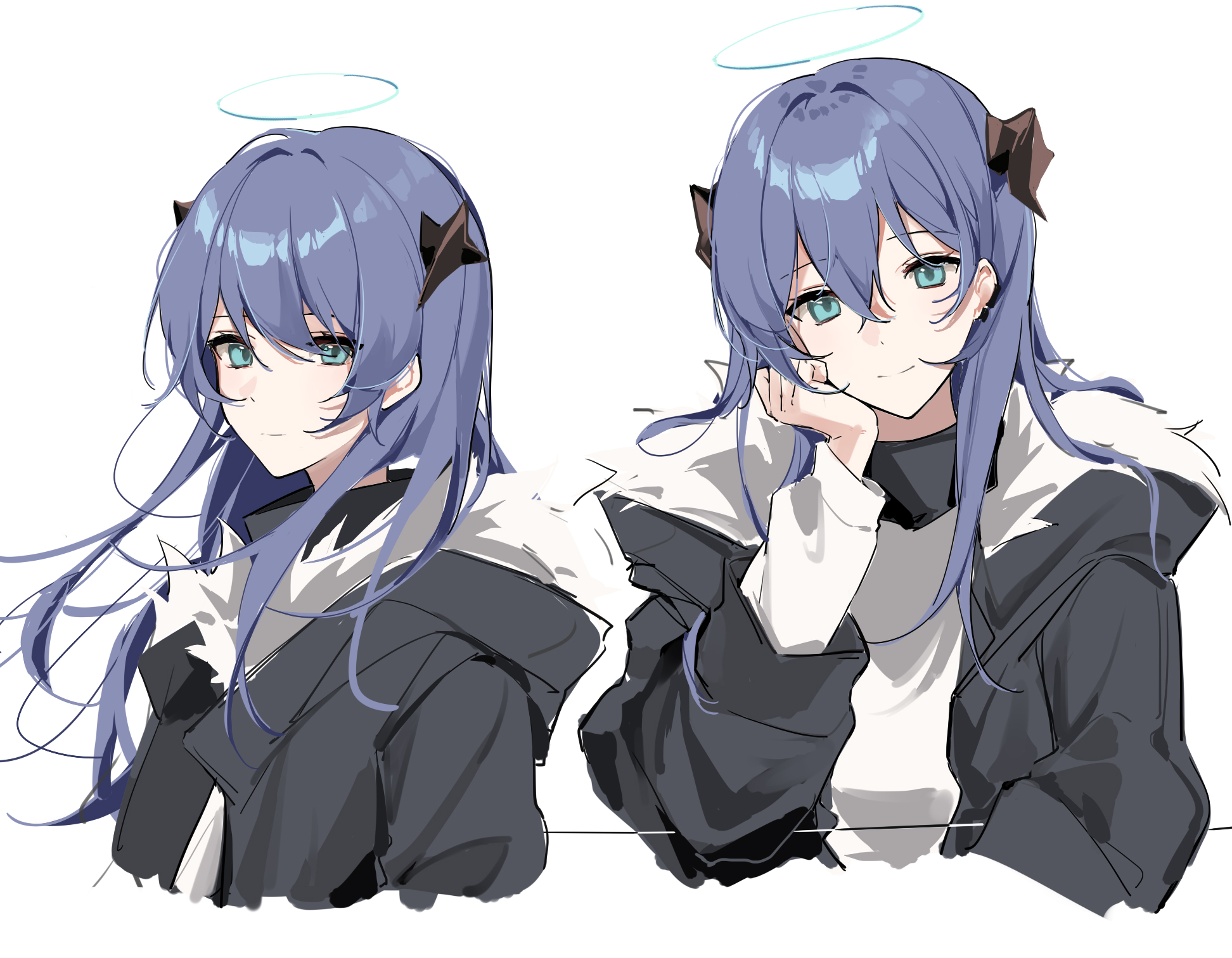 Safebooru - 1girl arknights black jacket blue eyes blue hair demon horns fur-trimmed jacket fur ...