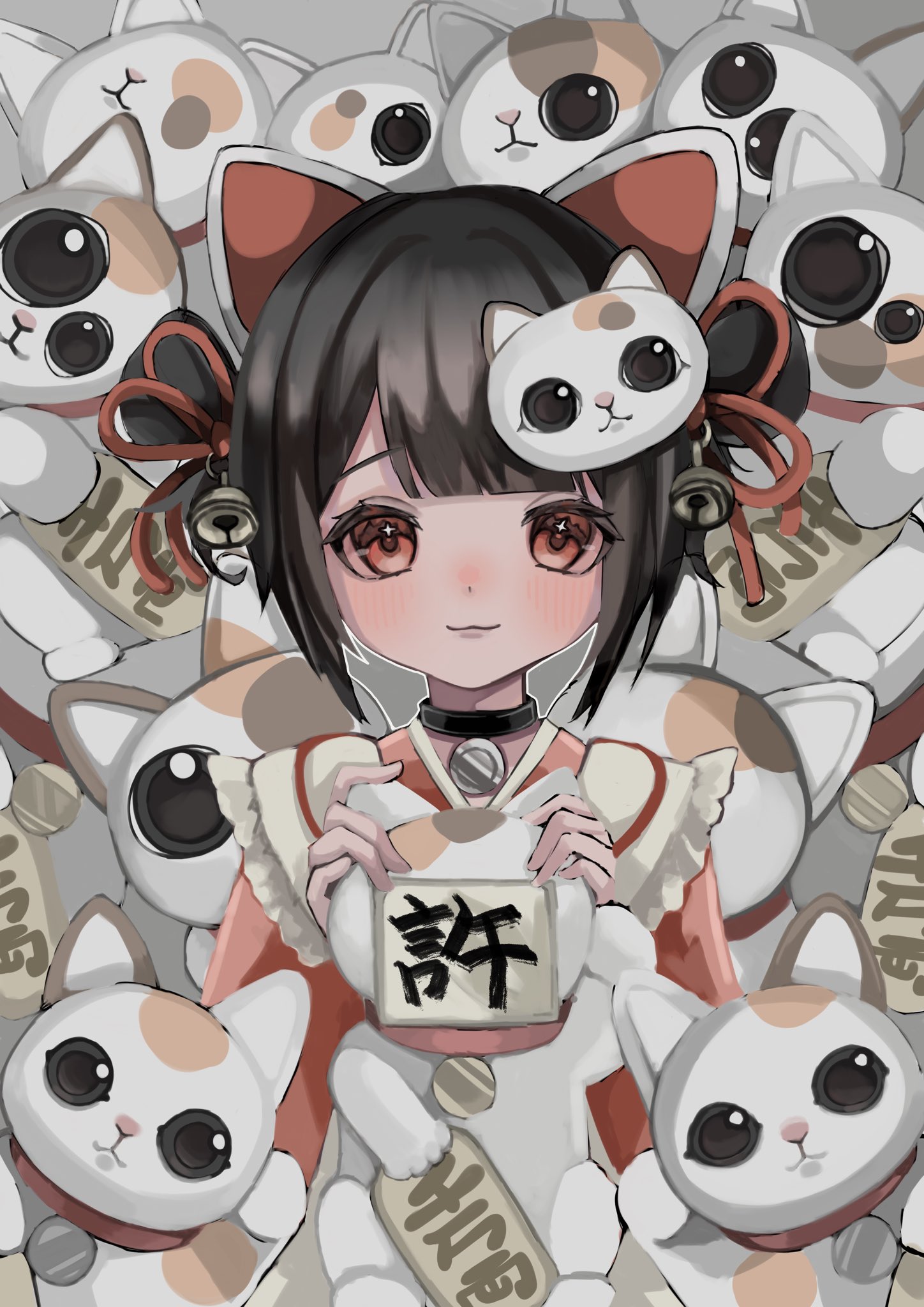 Safebooru - 1girl :3 animal ears asymmetrical bangs bell black choker black hair blunt bangs ...