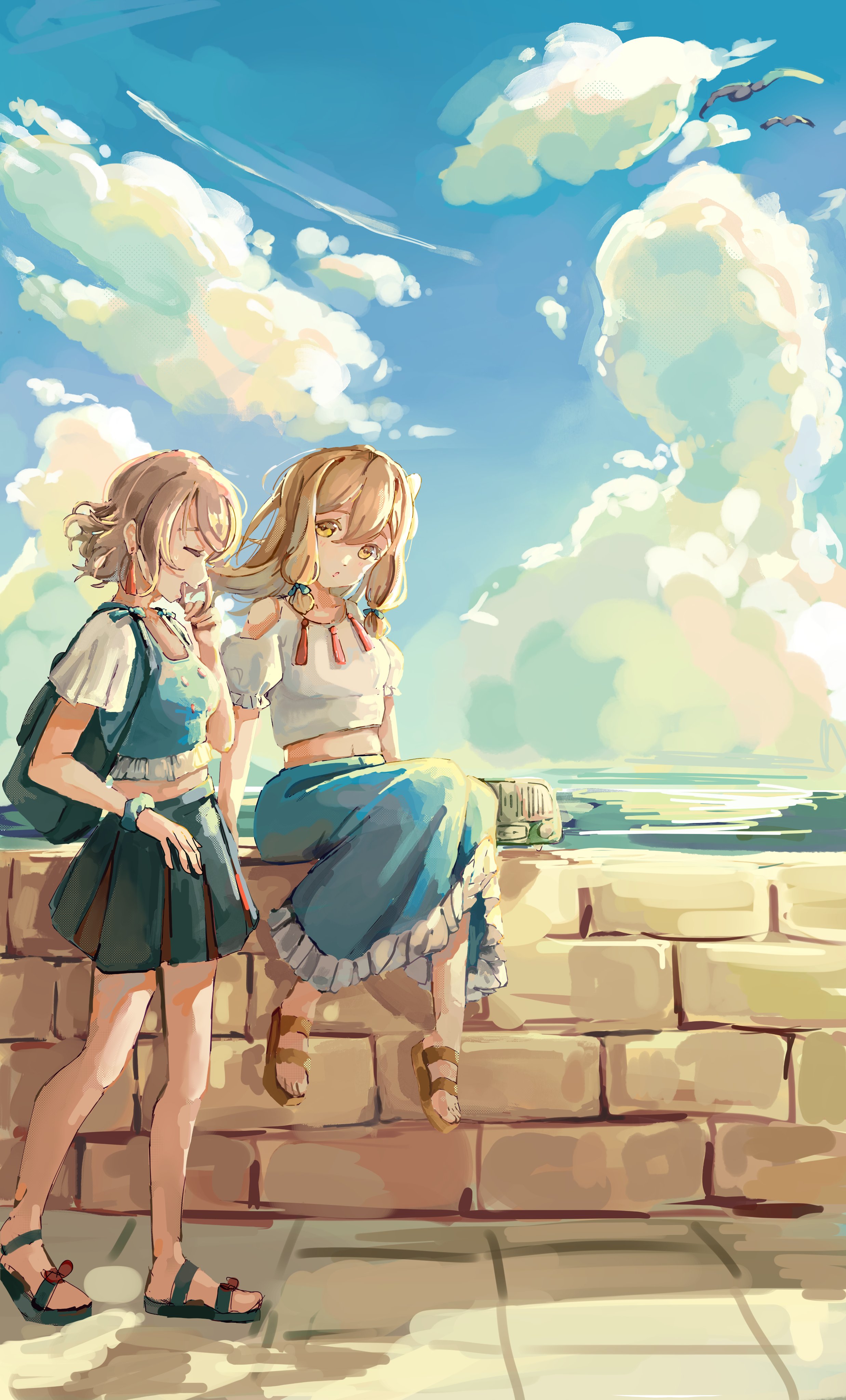 Safebooru - absurdres backpack bag bird brown hair clouds feet fregie ...