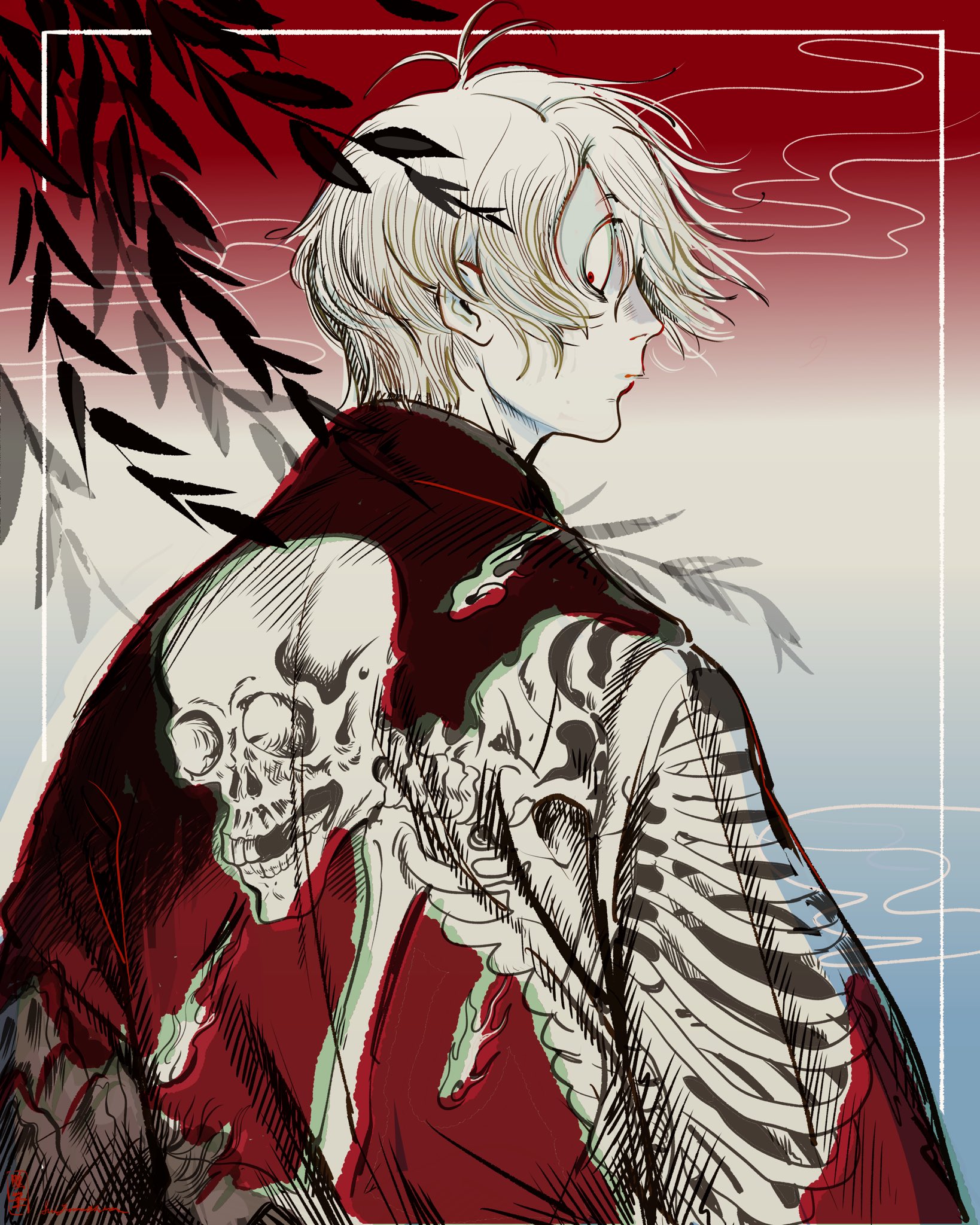 Safebooru - 1boy arms at sides bags under eyes blue background branch closed mouth commentary ...