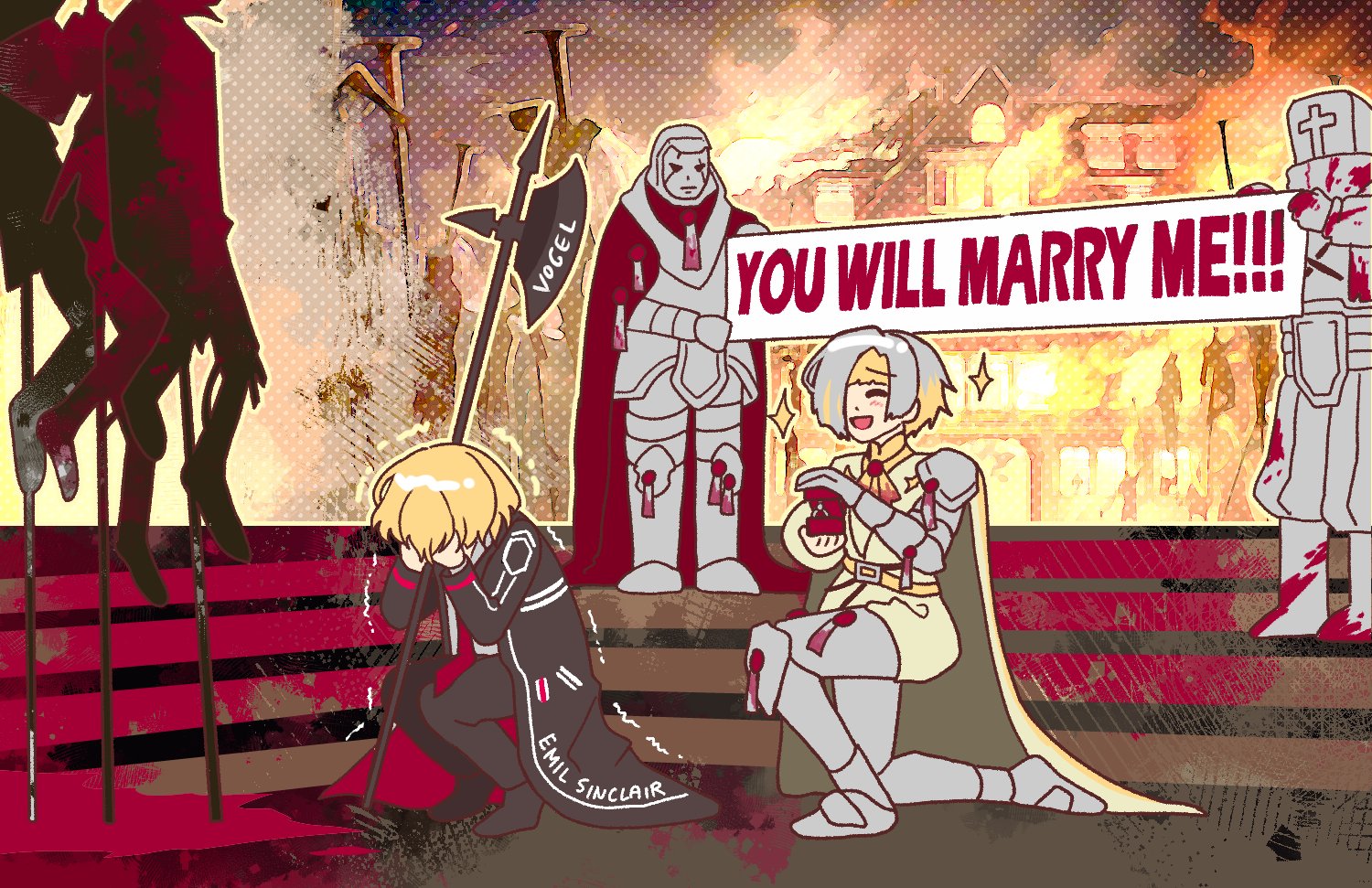Safebooru - 1girl 1other 2boys armor arson black pants blonde hair cape ...