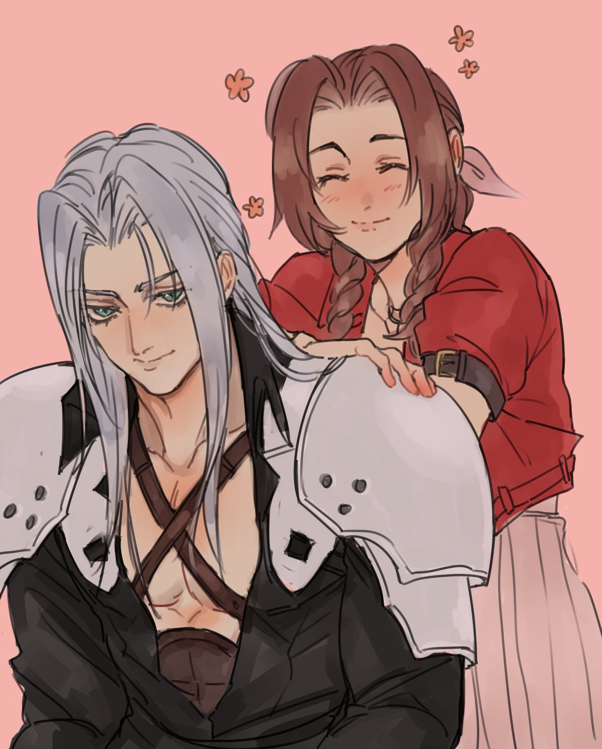 Safebooru - 1boy 1girl aerith gainsborough aqua eyes armor black coat blush braid braided ...