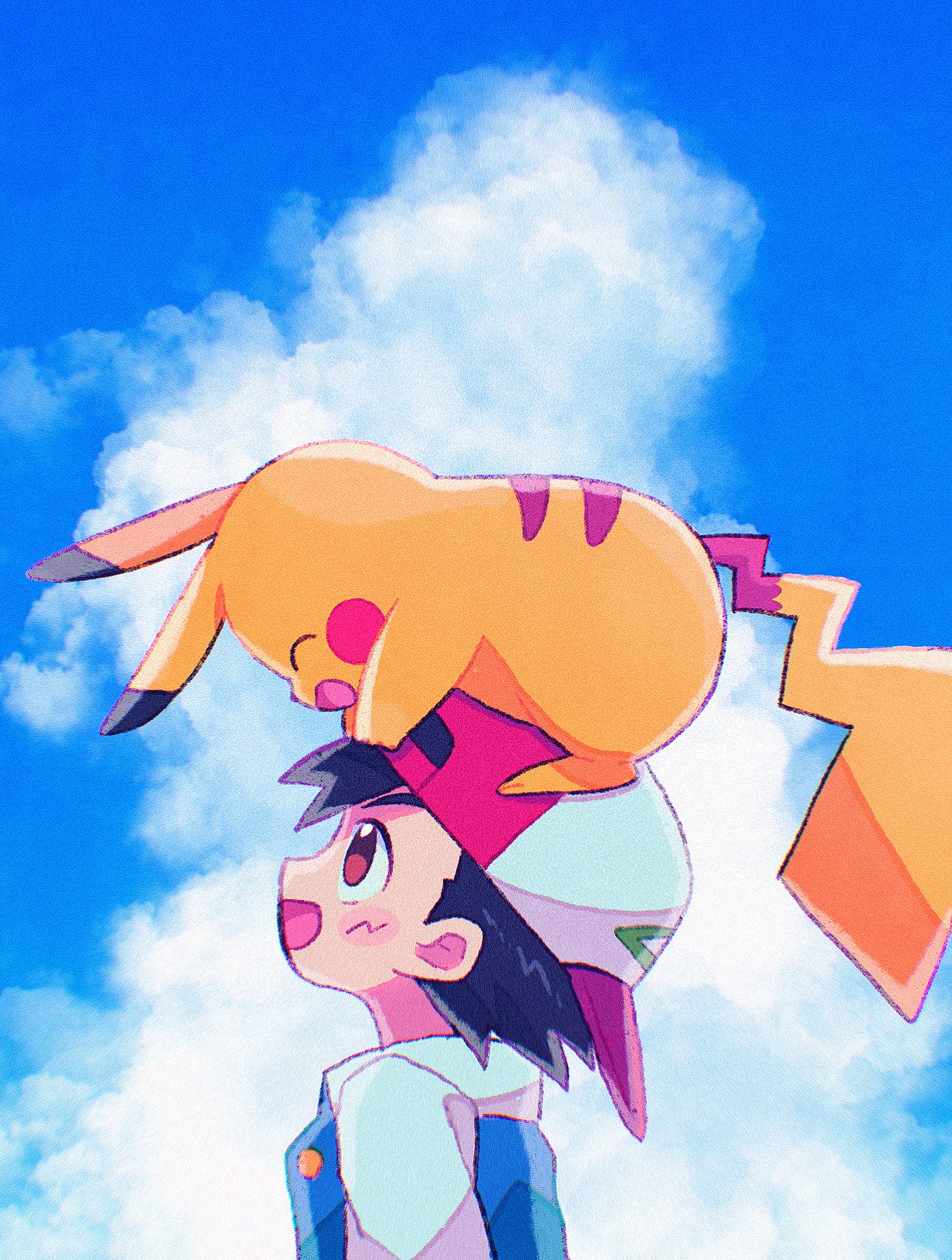 Safebooru - 1boy ash ketchum baseball cap black hair blue jacket blue sky blush stickers brown ...