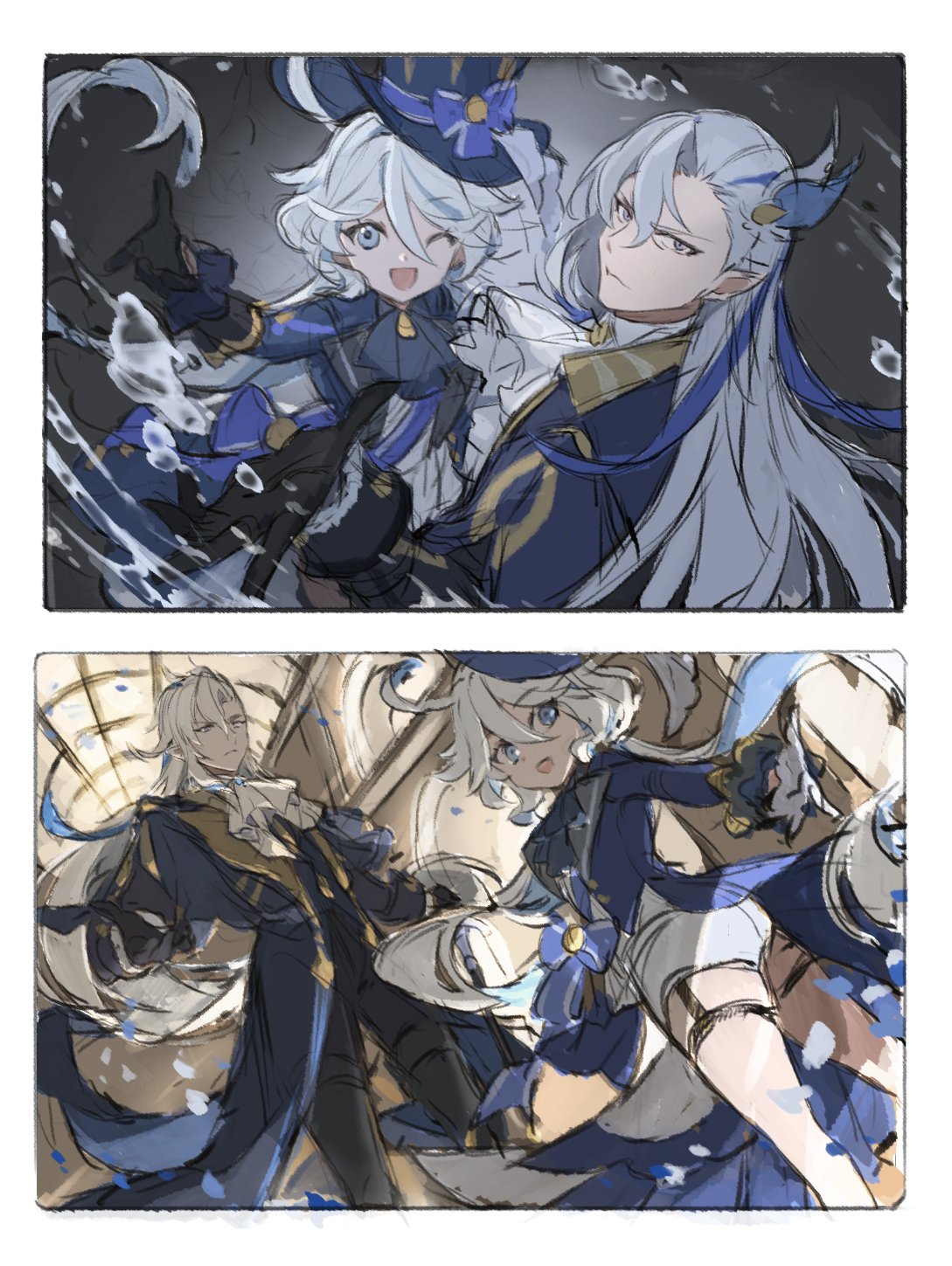 Safebooru - 1boy 1girl ahoge black gloves black pants blue hair blue headwear coat furina ...