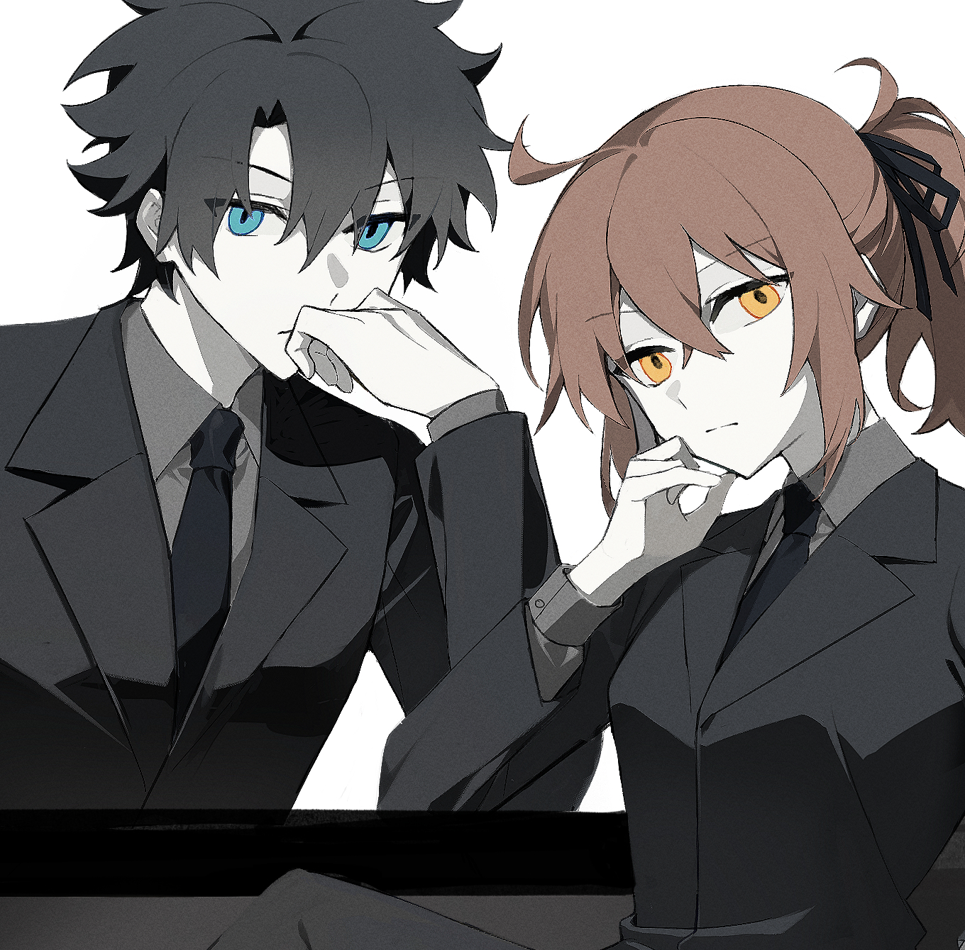 Safebooru - 1boy 1girl aqua eyes black hair black jacket black necktie ...