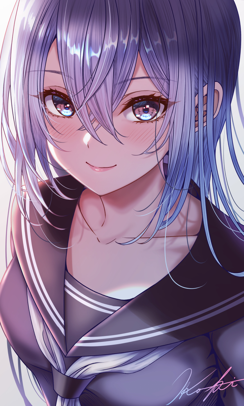 Safebooru - 1girl black shirt blue hair blush collarbone grey ...