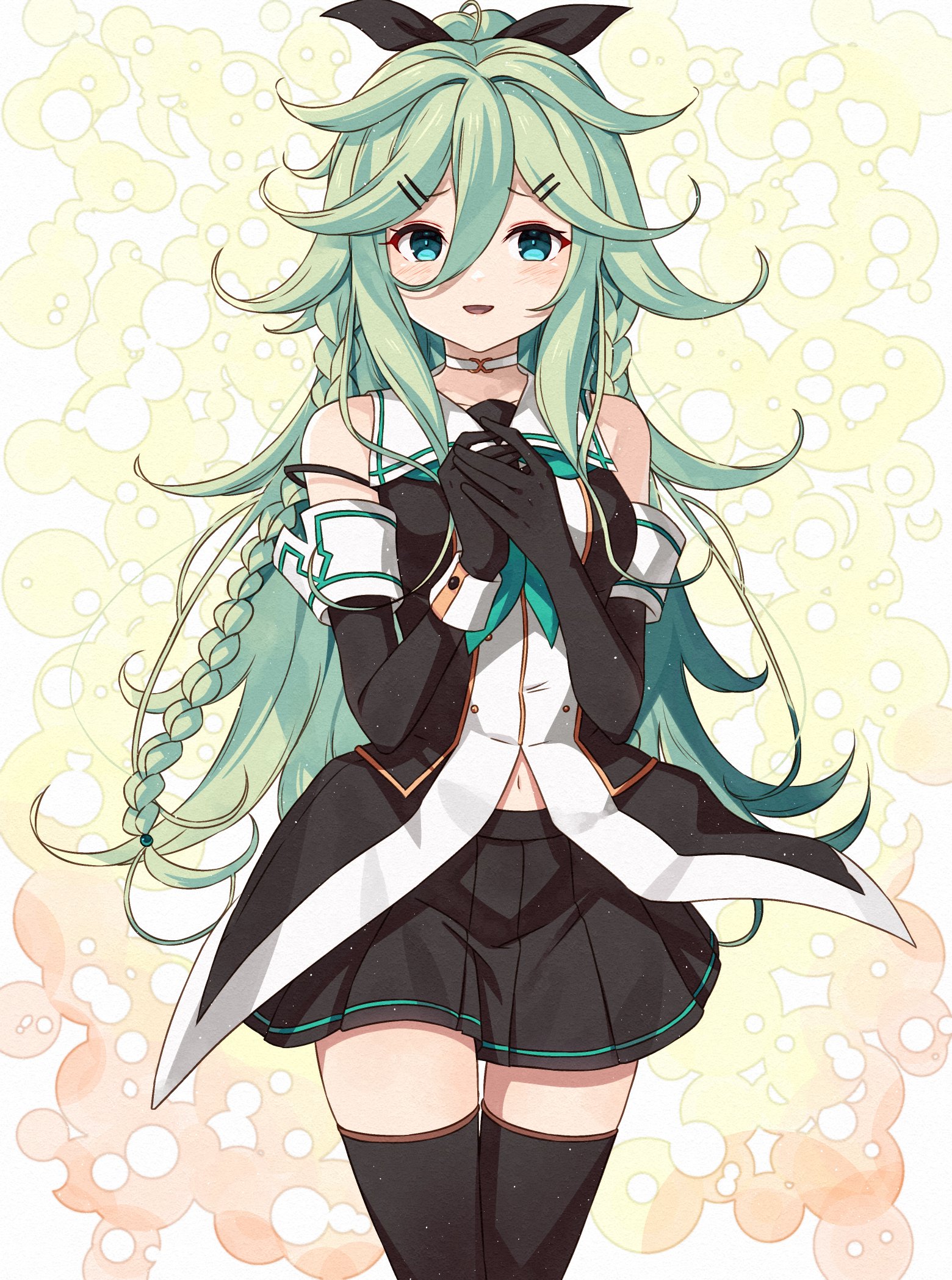 Safebooru - 1girl black gloves black ribbon black serafuku black thighhighs braid elbow gloves ...