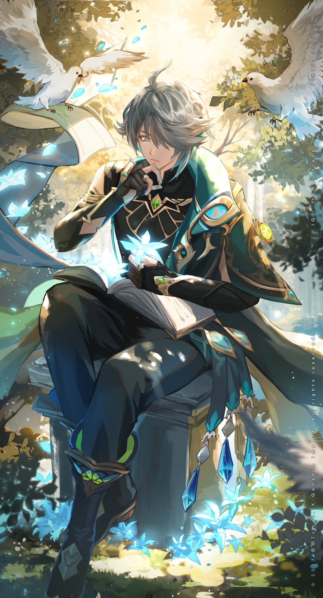 Safebooru - 1boy ahoge alhaitham (genshin impact) bird black footwear black gloves black jacket ...