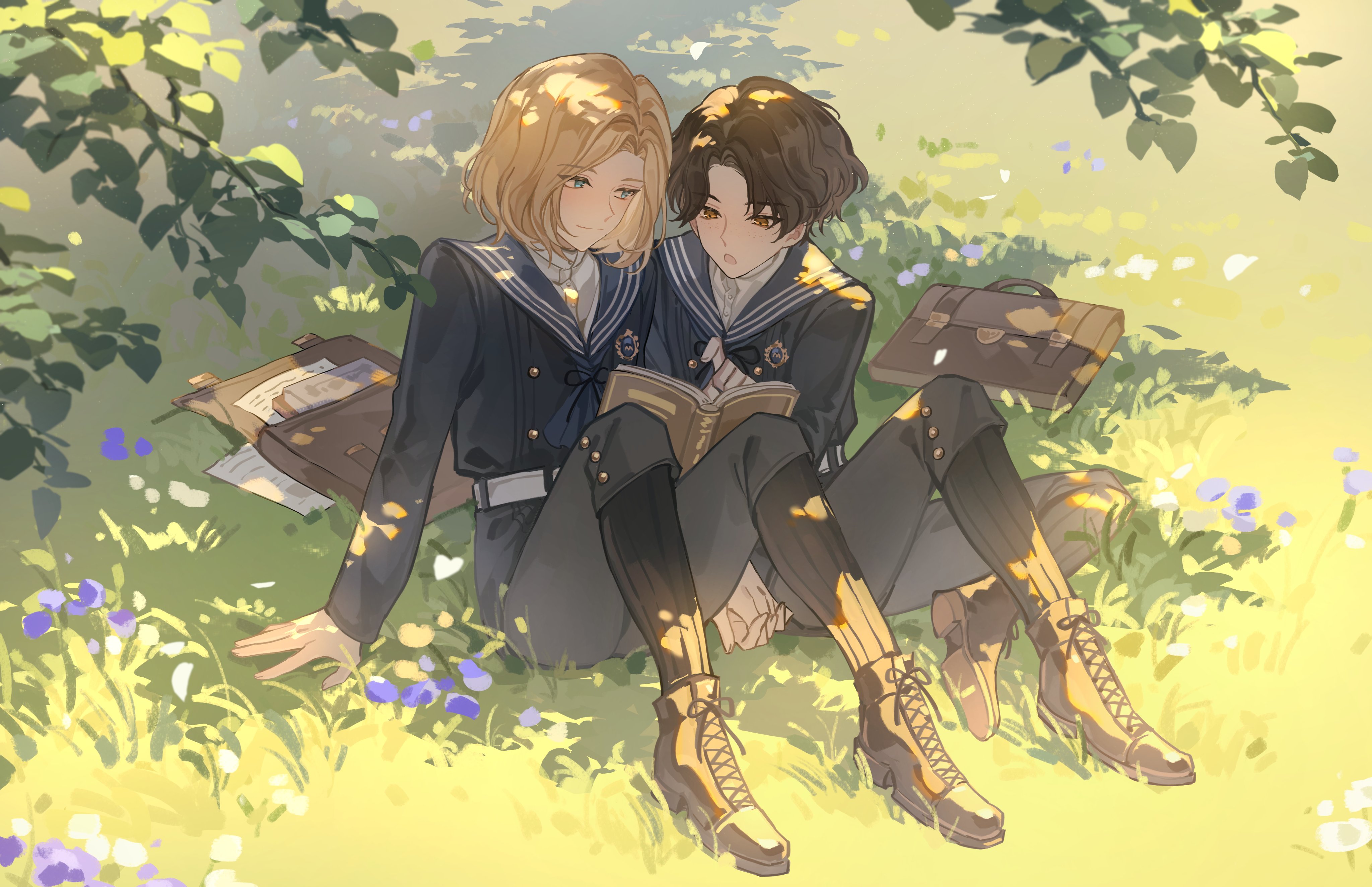 Safebooru - 2boys absurdres bag blonde hair blue hair book brown eyes brown hair ebf7l full body ...