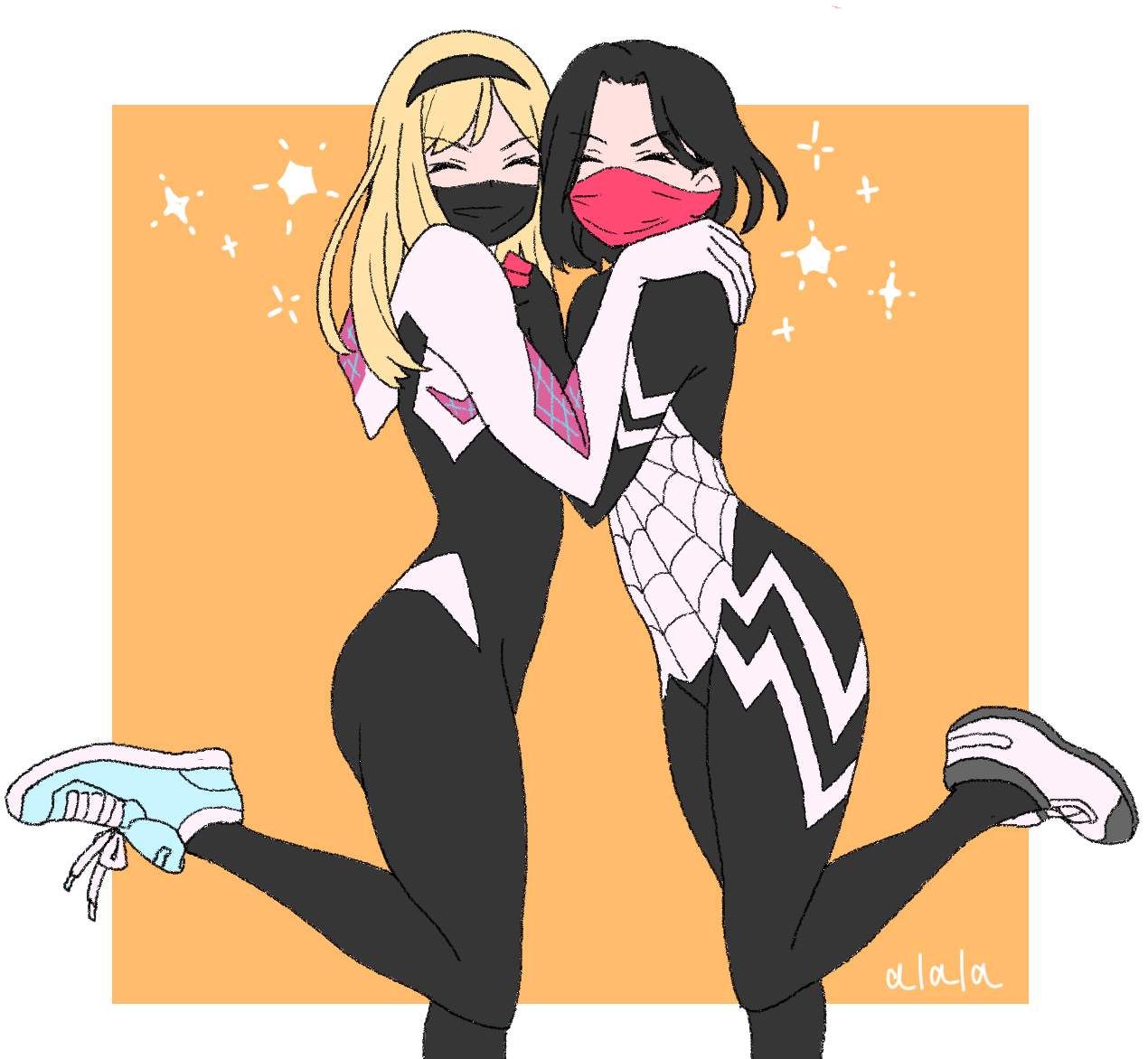 Safebooru - 2girls animification artist name black bodysuit black footwear black hair black ...