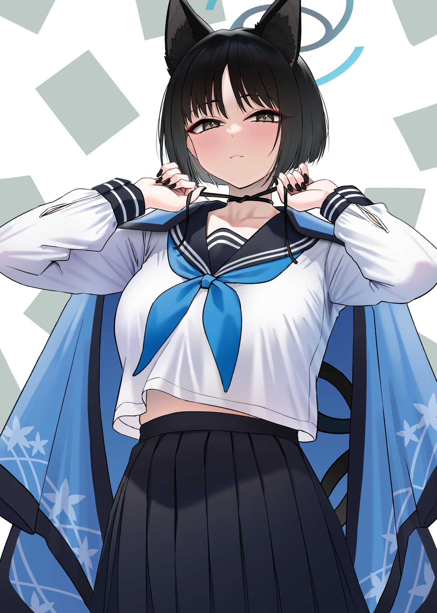 Safebooru - 1girl animal ears black eyes black hair black nails black sailor collar black skirt ...