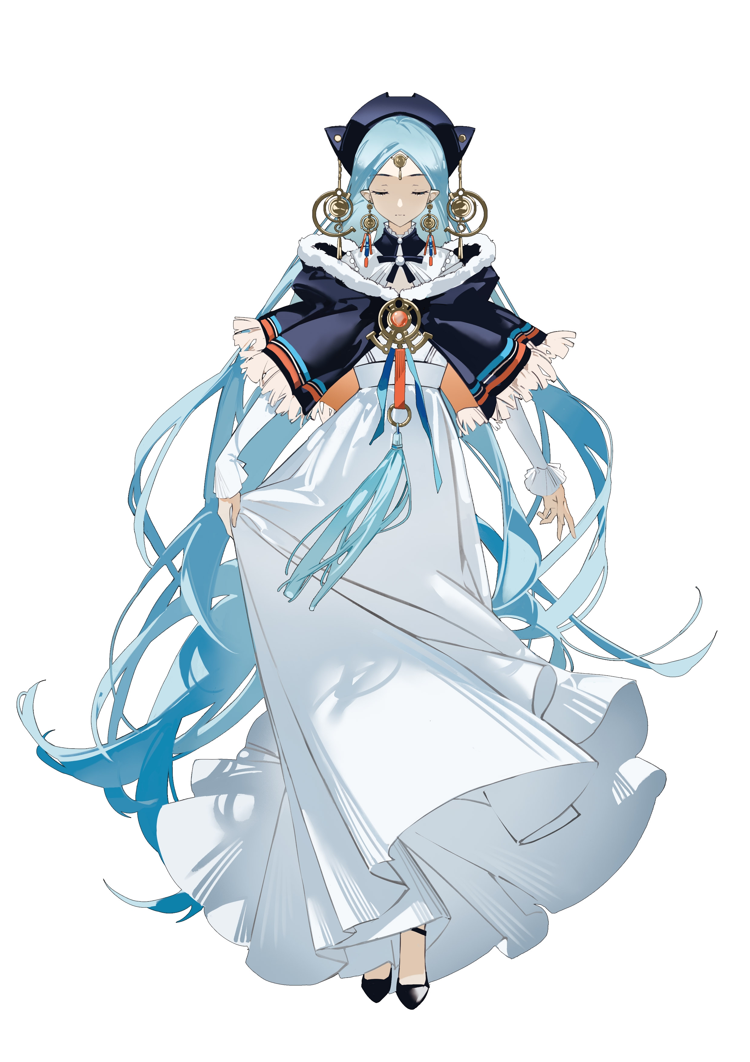 Safebooru - 1girl a-pose absurdly long hair absurdres aqua hair black footwear blue capelet blue ...