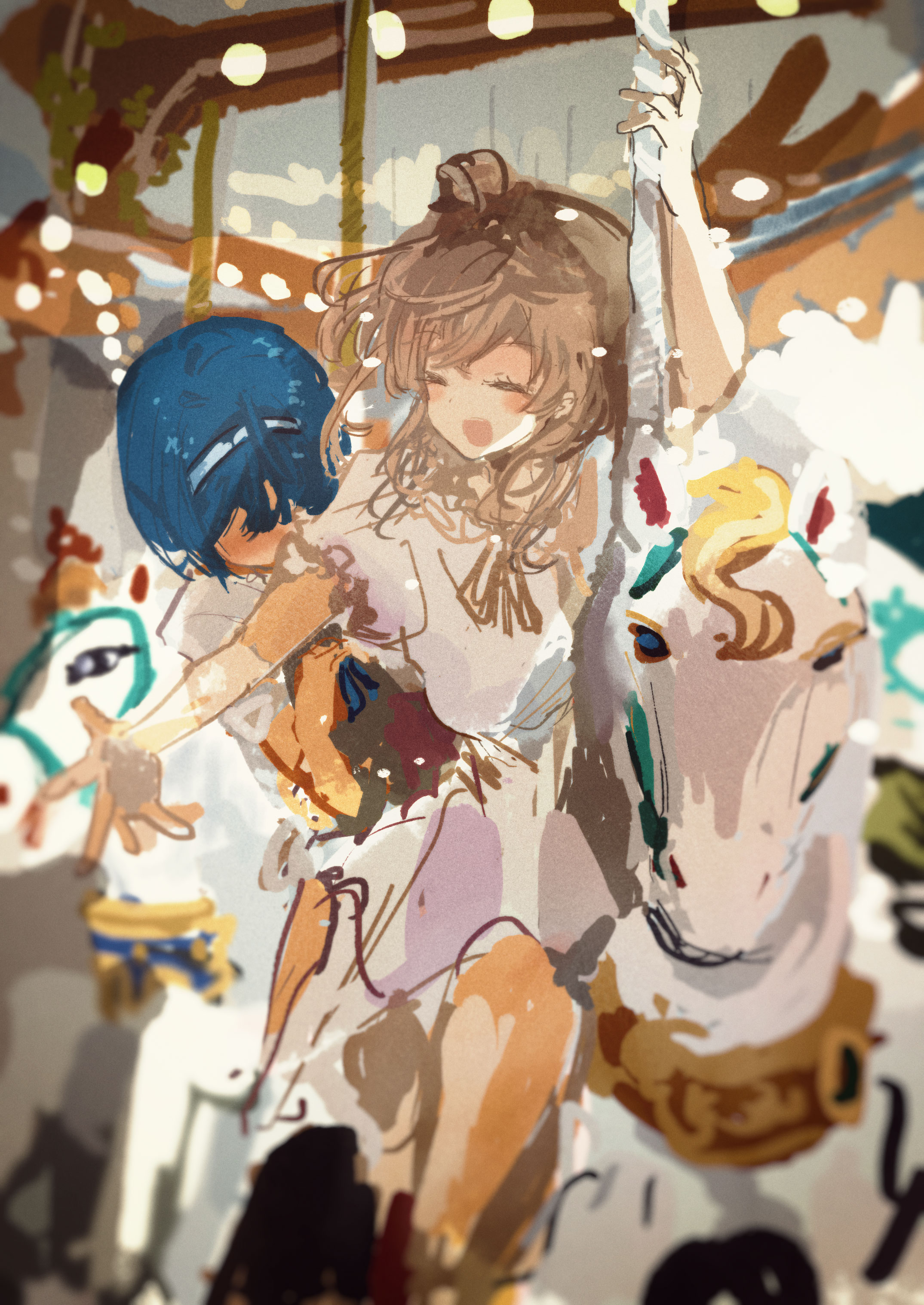 Safebooru - 2girls absurdres arm up blue hair blurry blush brown hair carousel cevio closed eyes ...