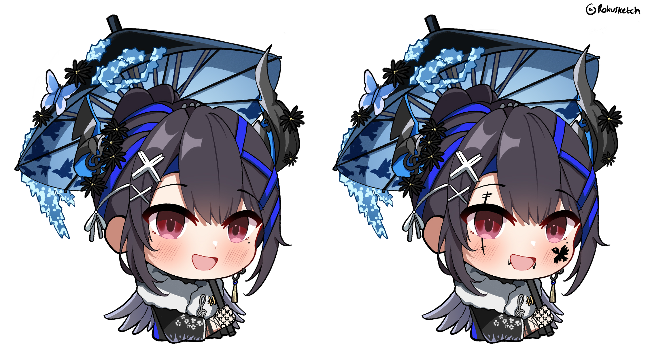 Safebooru - 1girl asymmetrical horns black hair black kimono blue hair blue umbrella blush chibi ...